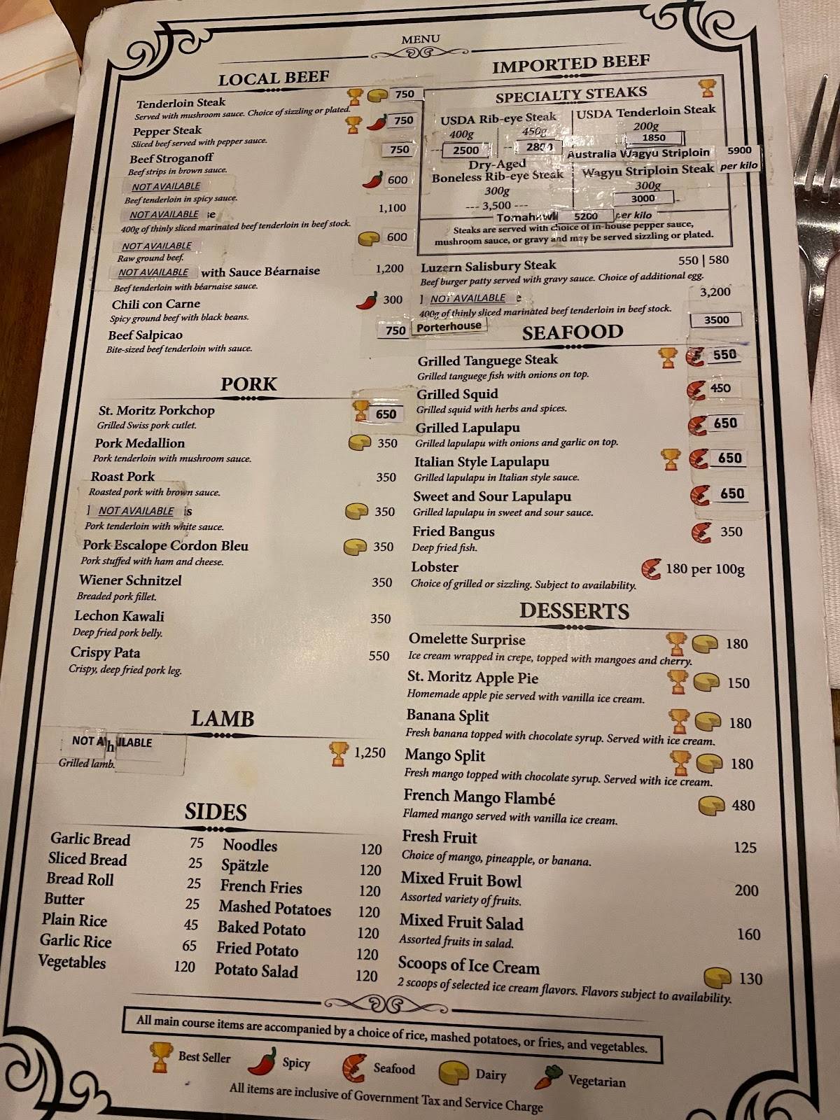 Menu at Luzern Steakhouse, Cebu City