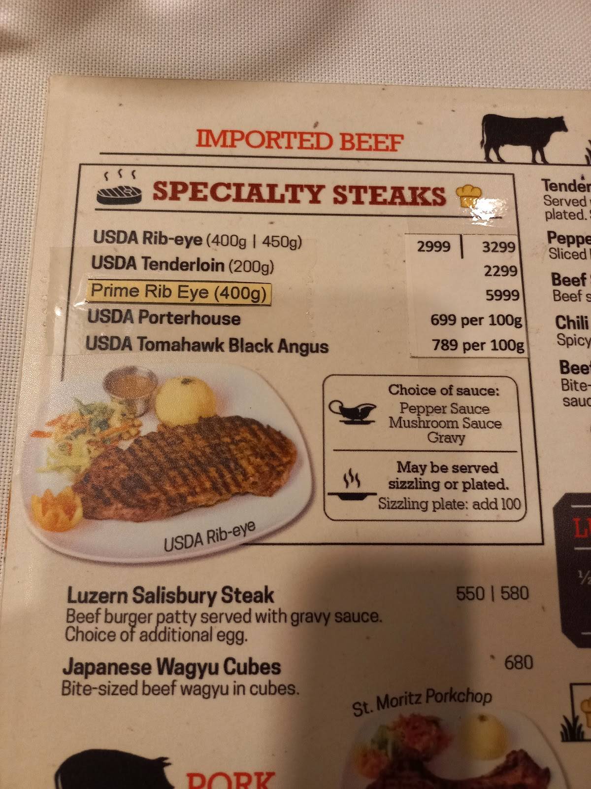 Menu at Luzern Steakhouse, Cebu City