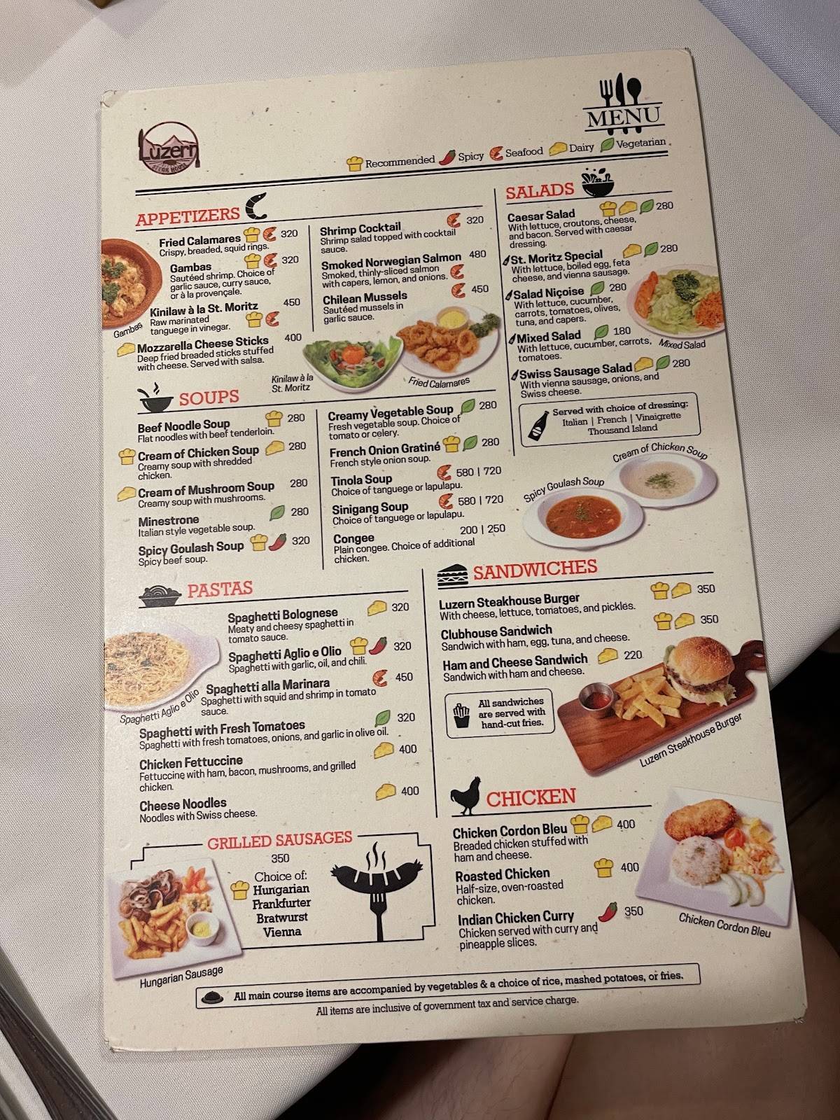 Menu at Luzern Steakhouse, Cebu City