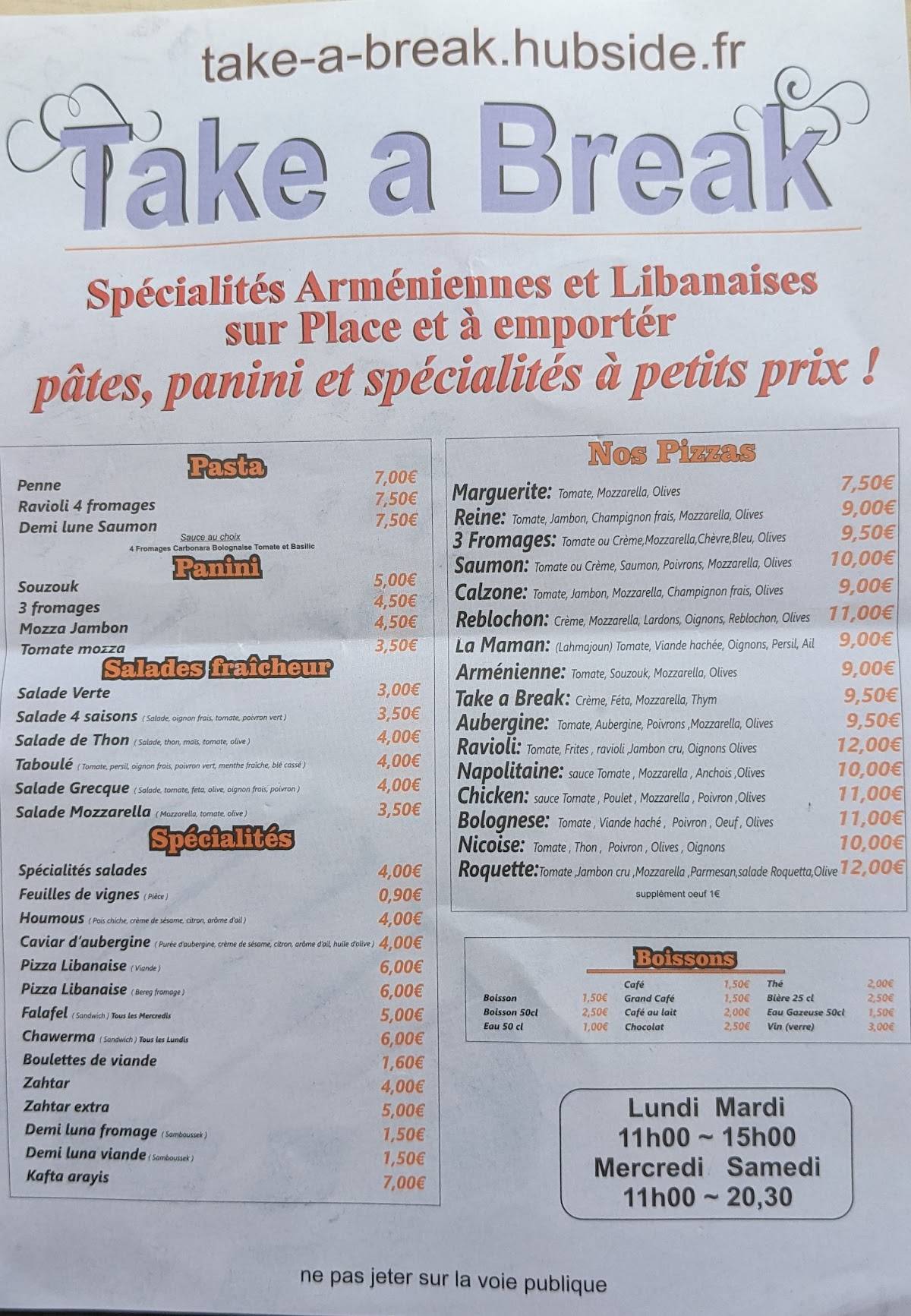 Menu at Take a break pizzeria, Lyon