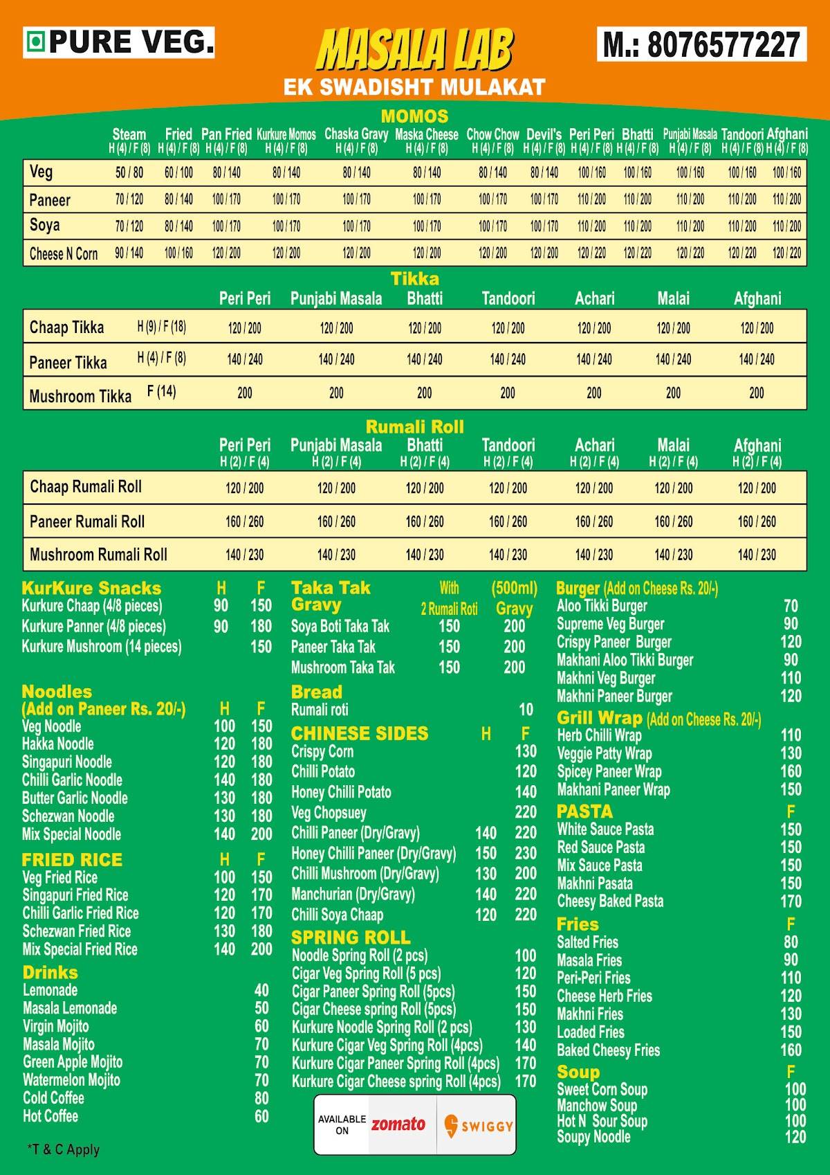 Menu at MASALA LAB, New Delhi