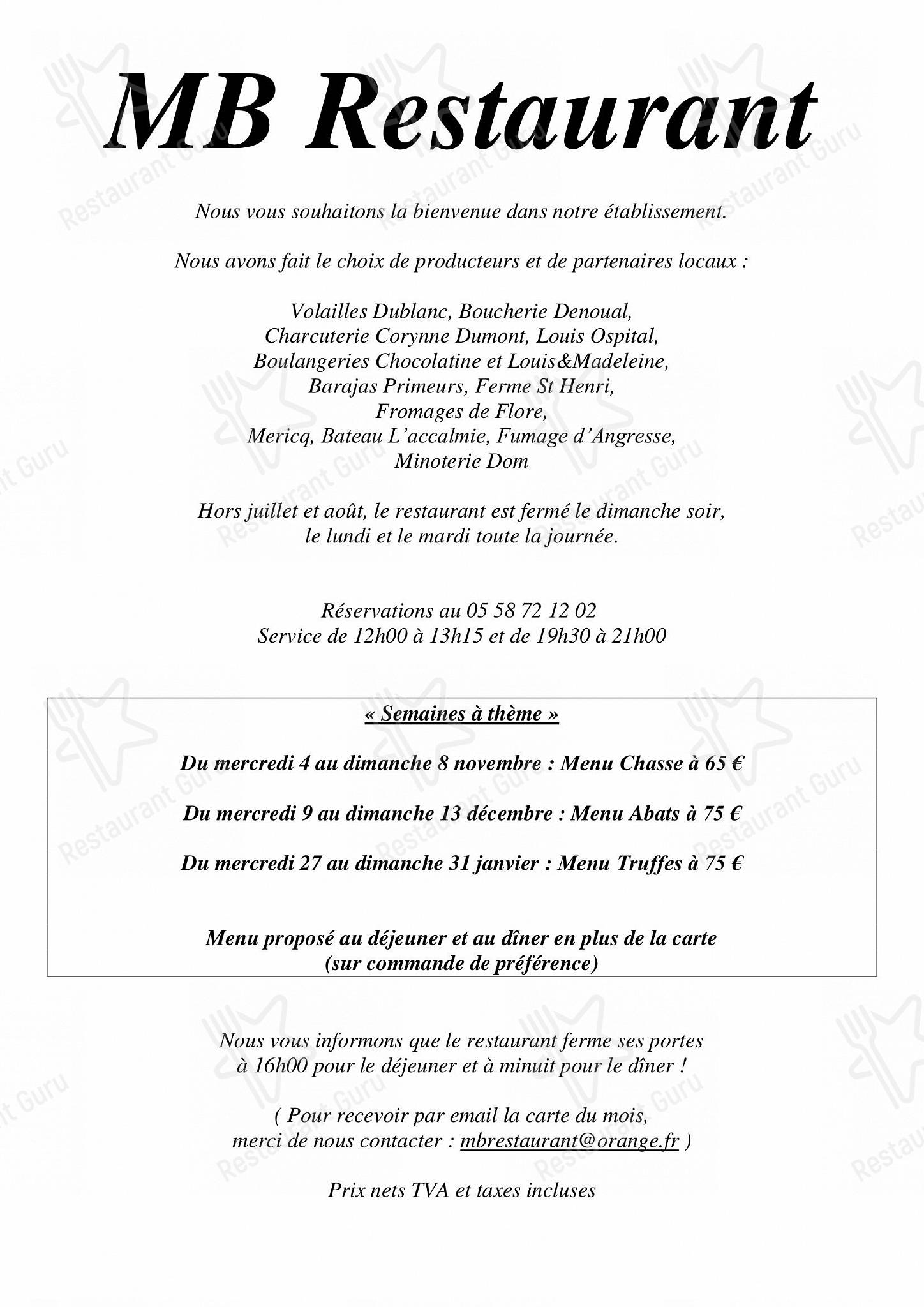 Menu au MB Restaurant Capbreton, Capbreton