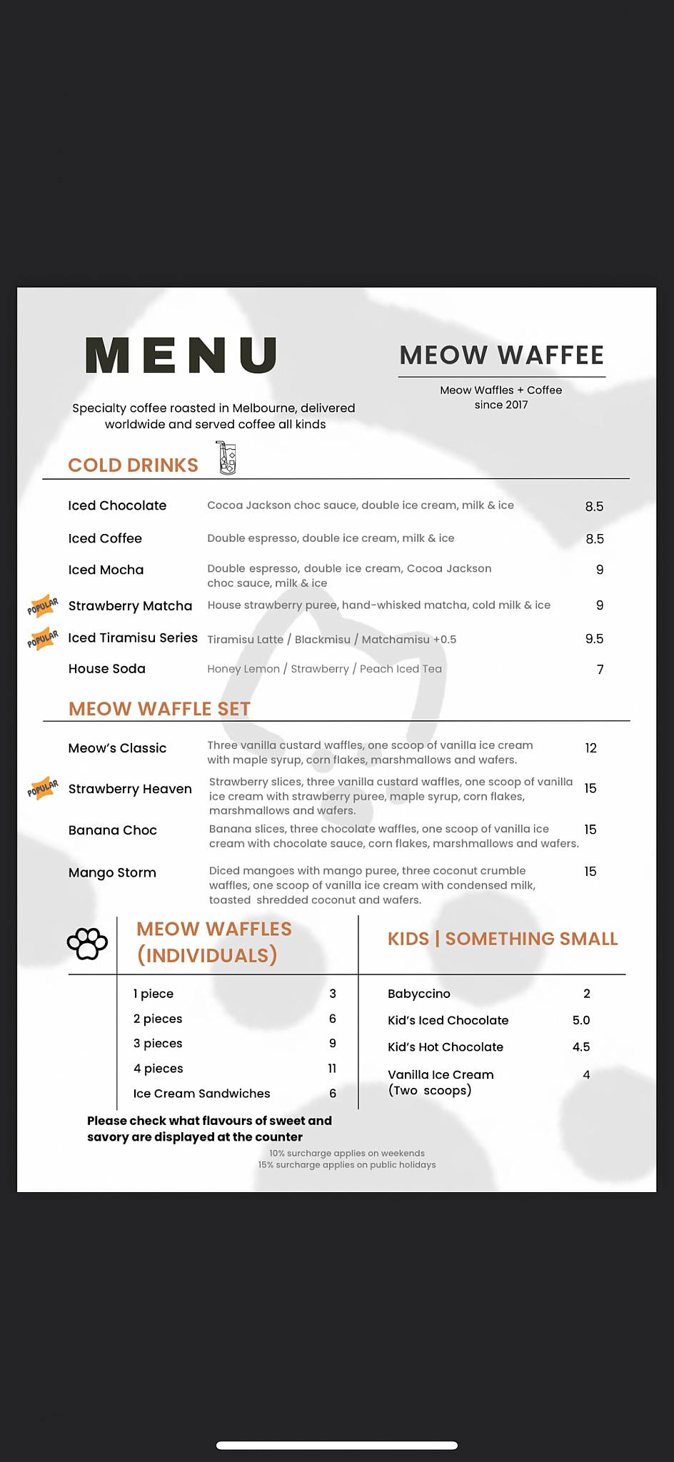 Menu at MEOW WAFFEE - Meow Waffles & Coffee, Darwin City