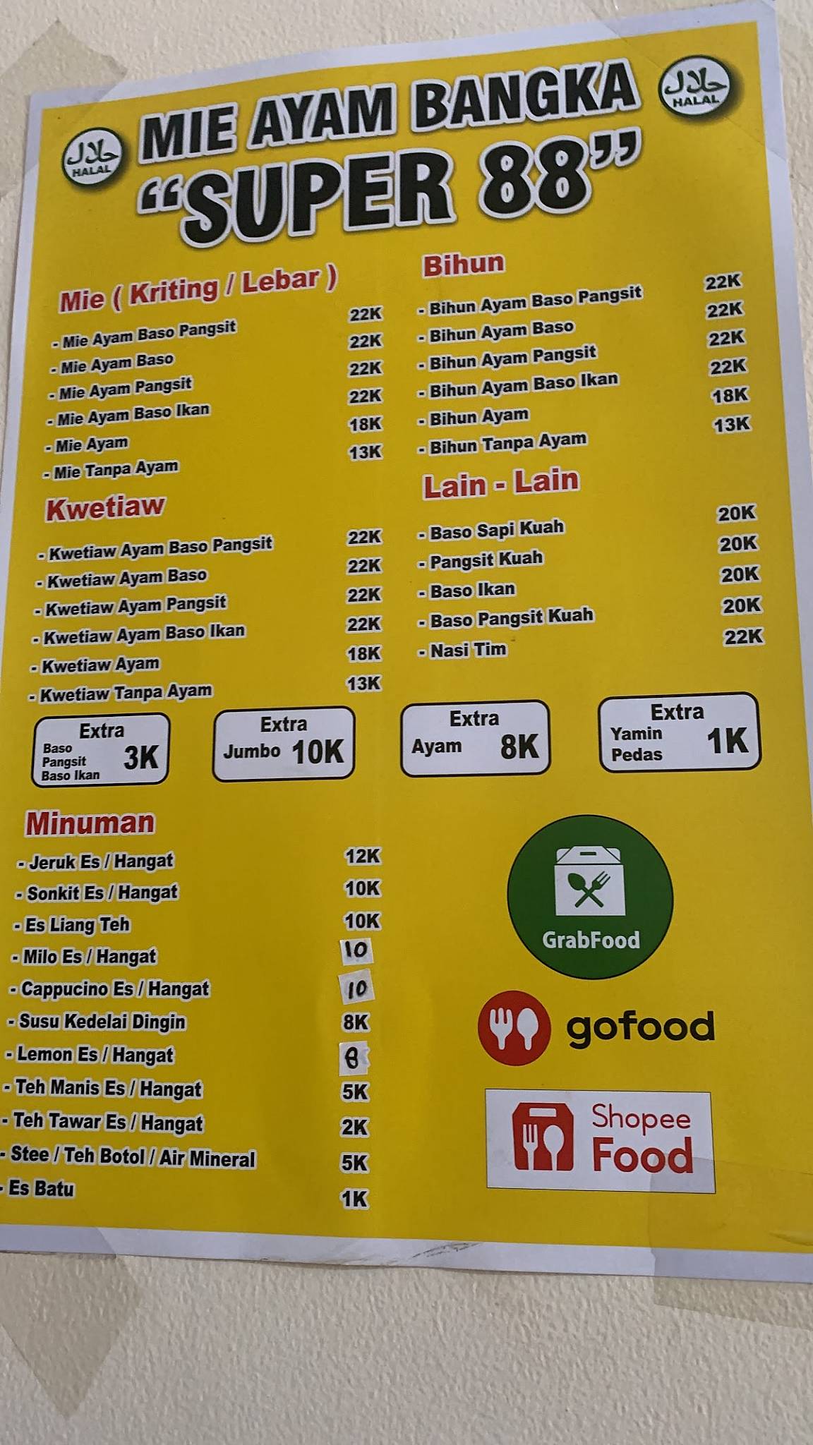 Menu at MIE AYAM BANGKA SUPER 88 restaurant, East Jakarta