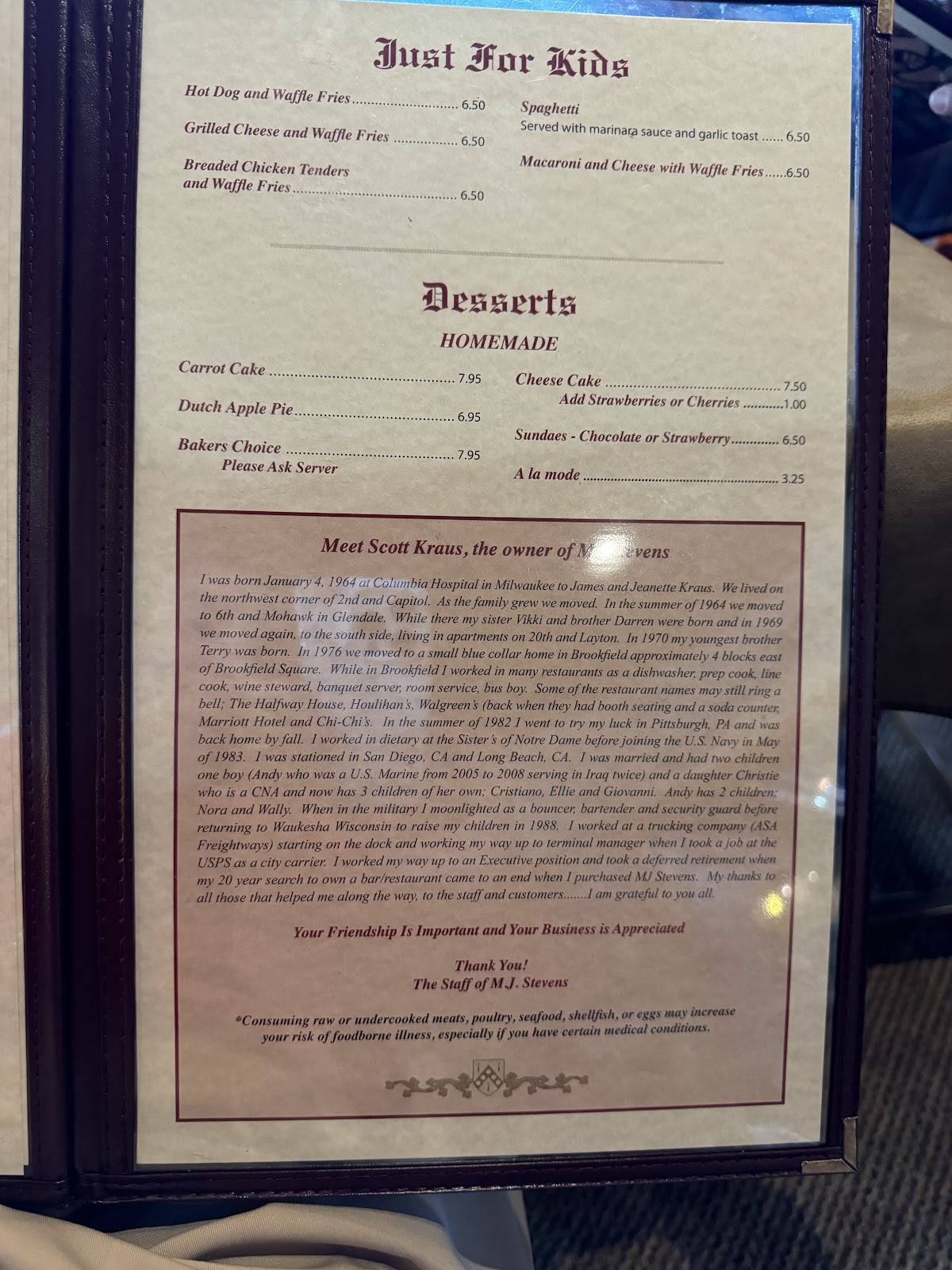 Menu at MJ Stevens Pub 'N' Restaurant, Hartford