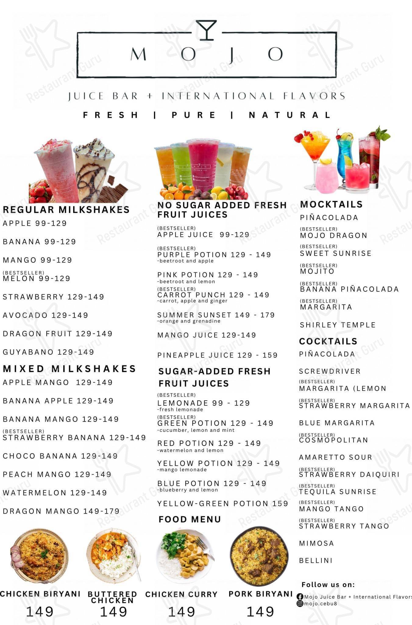 Carta de MOJO Juice Bar + International flavors, Cebú