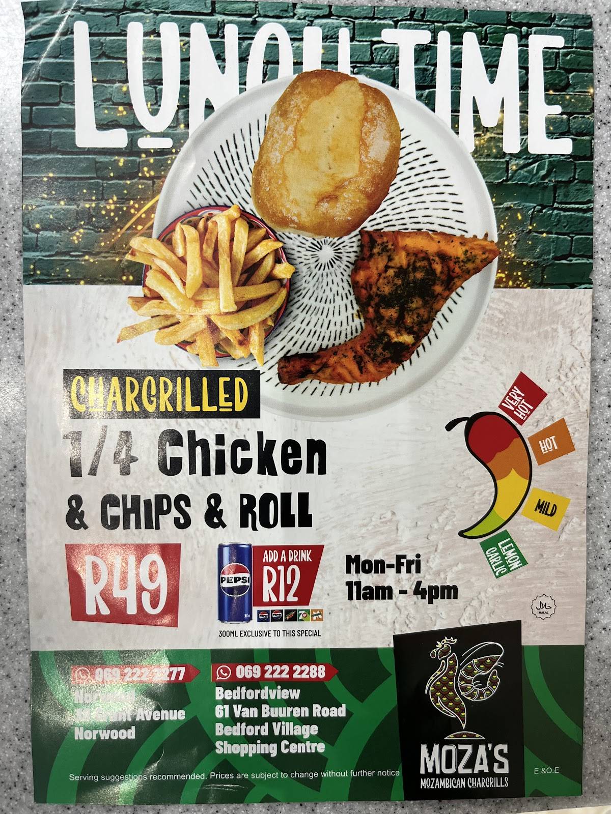 Menu at MOZA'S Norwood restaurant, Johannesburg