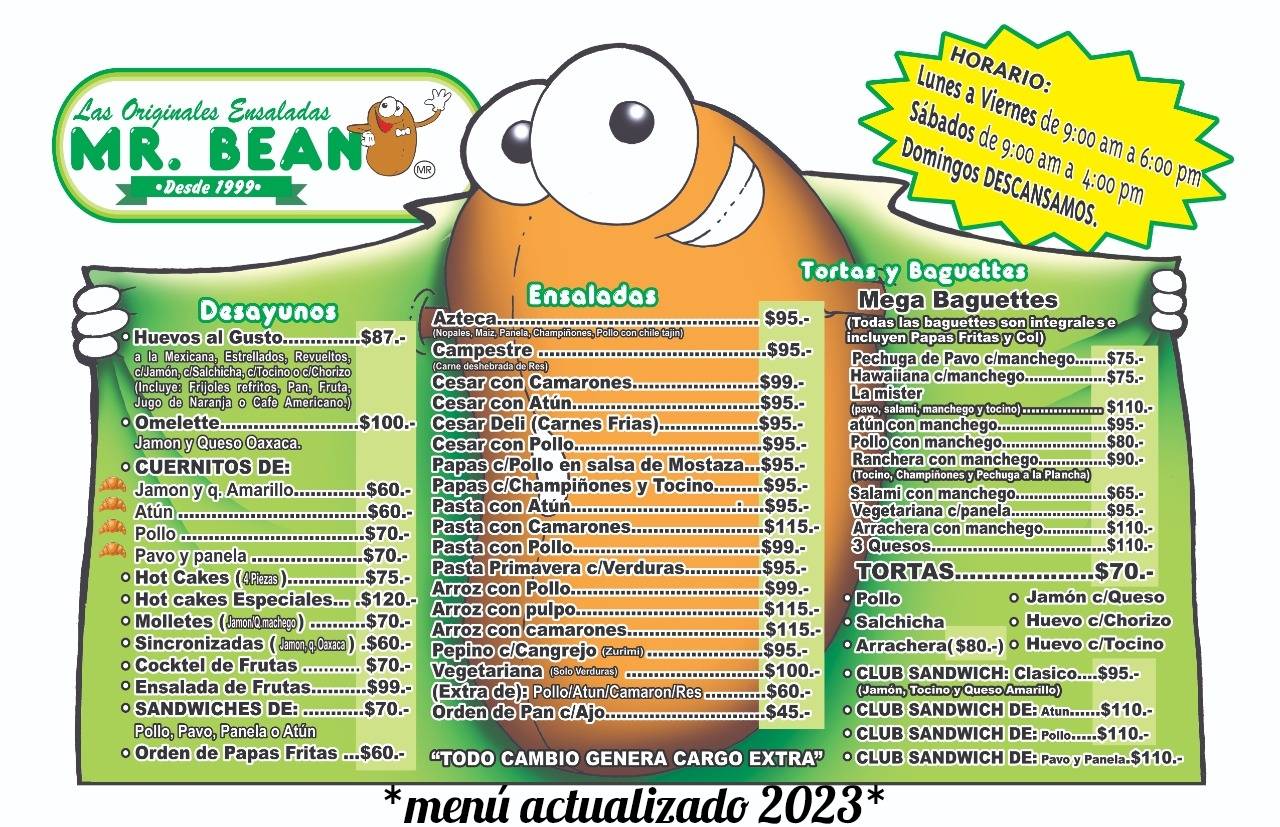 Menu at MR. BEAN restaurant, Cancún