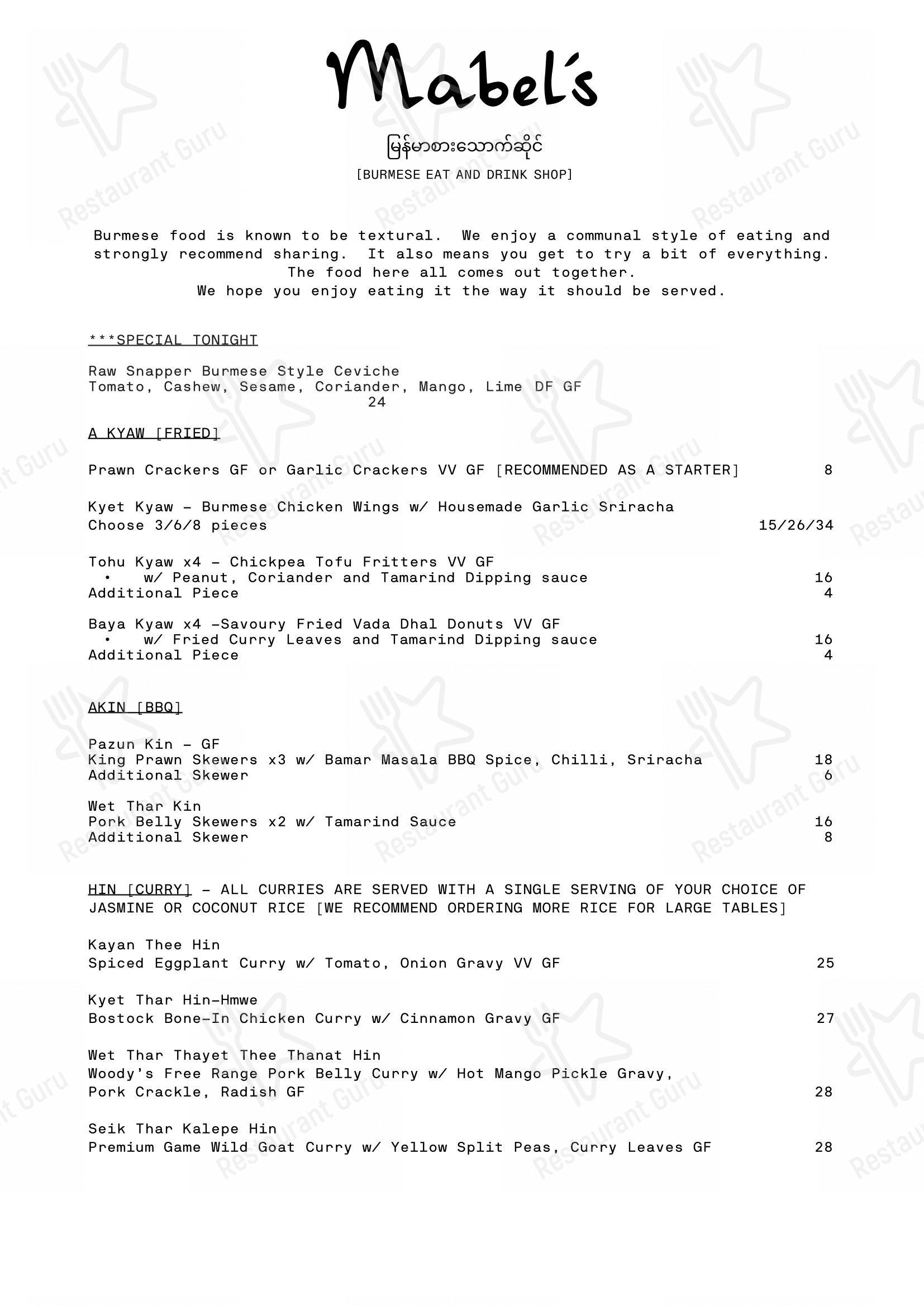 Menu at Mabel’s restaurant, Wellington
