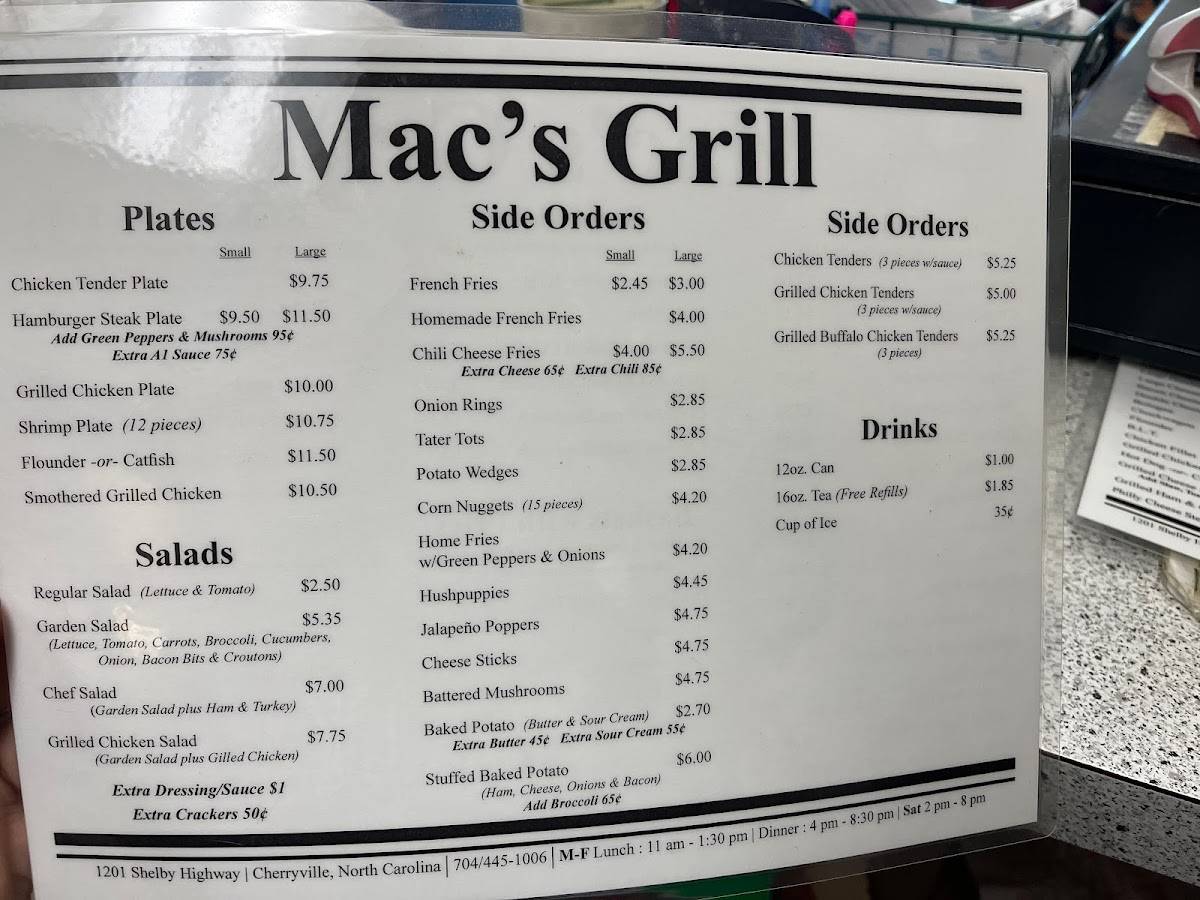 Menu at Mac's Grill restaurant, Cherryville