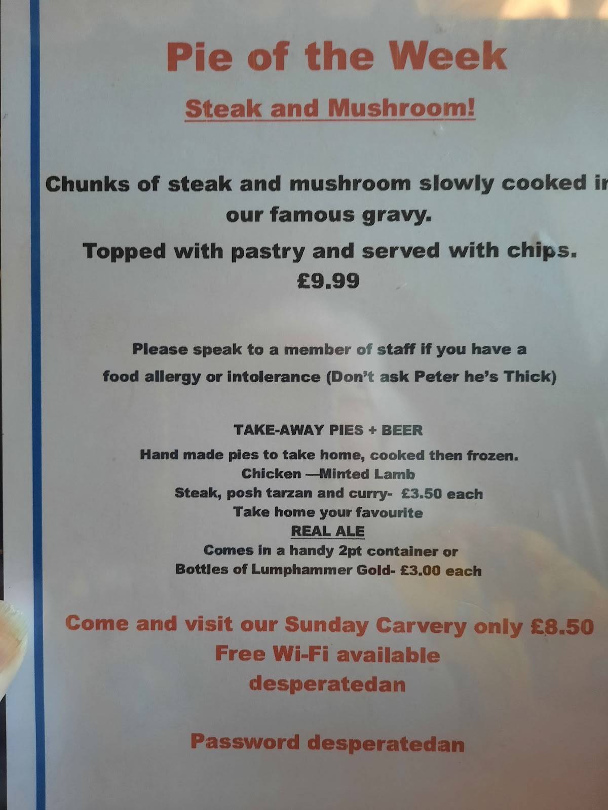 Menu at Mad O'Rourke's Pie Factory pub & bar, Tipton