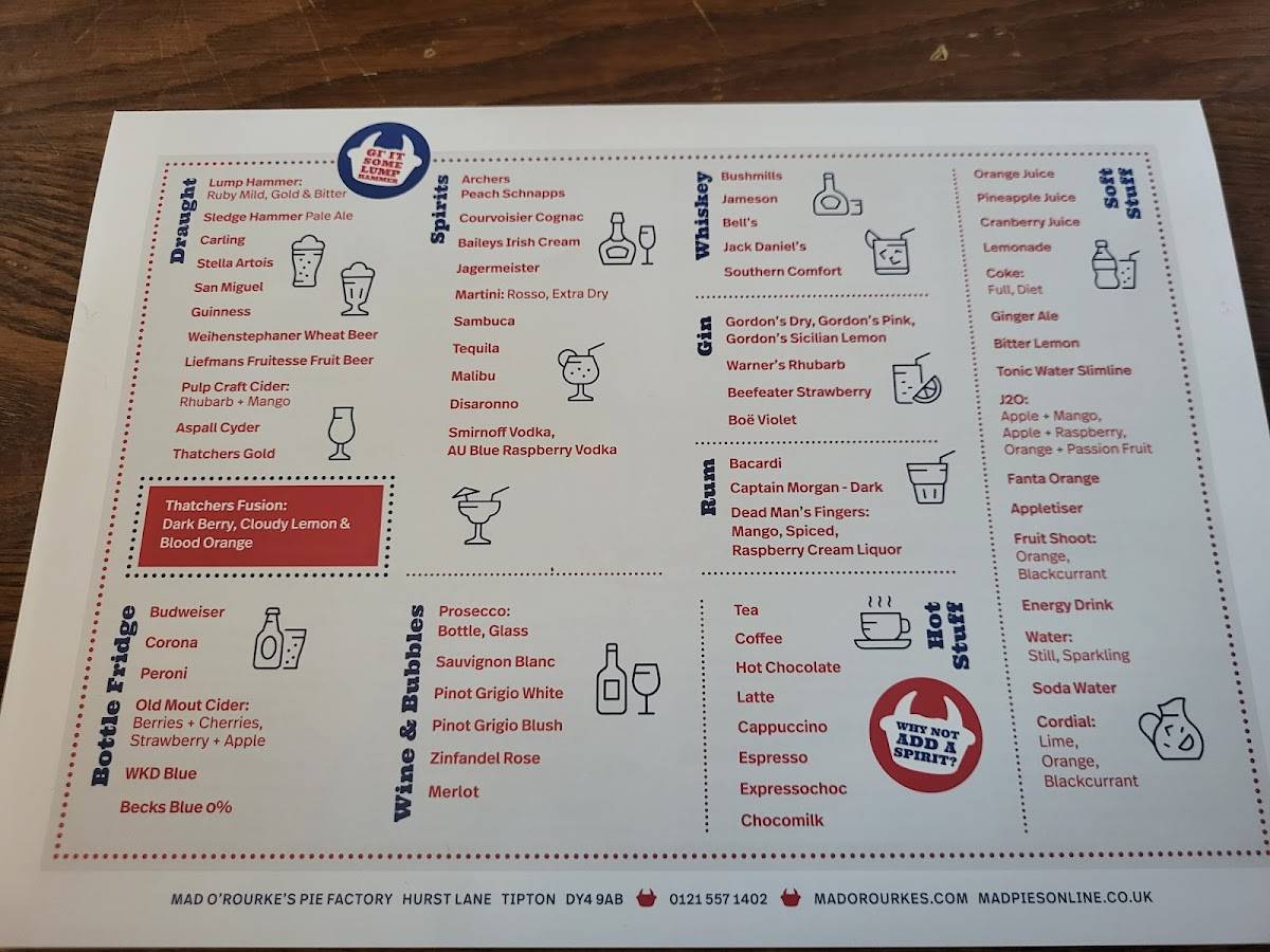 Menu at Mad O'Rourke's Pie Factory pub & bar, Tipton