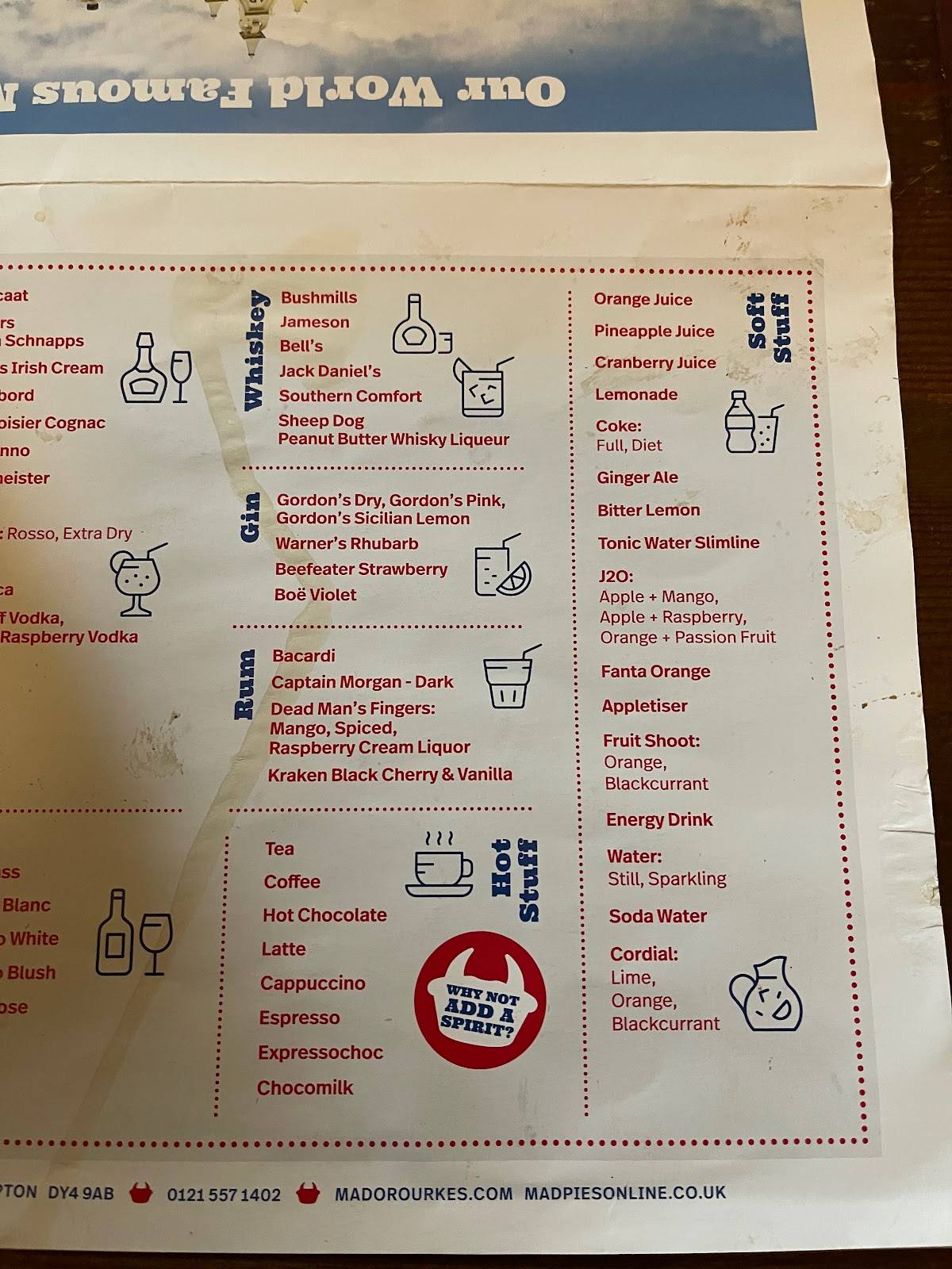 Menu at Mad O'Rourke's Pie Factory pub & bar, Tipton
