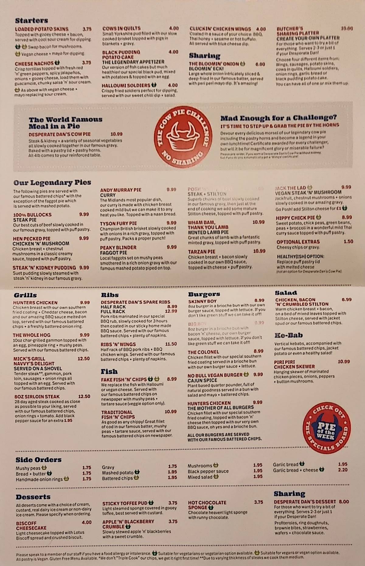 Menu at Mad O'Rourke's Pie Factory pub & bar, Tipton