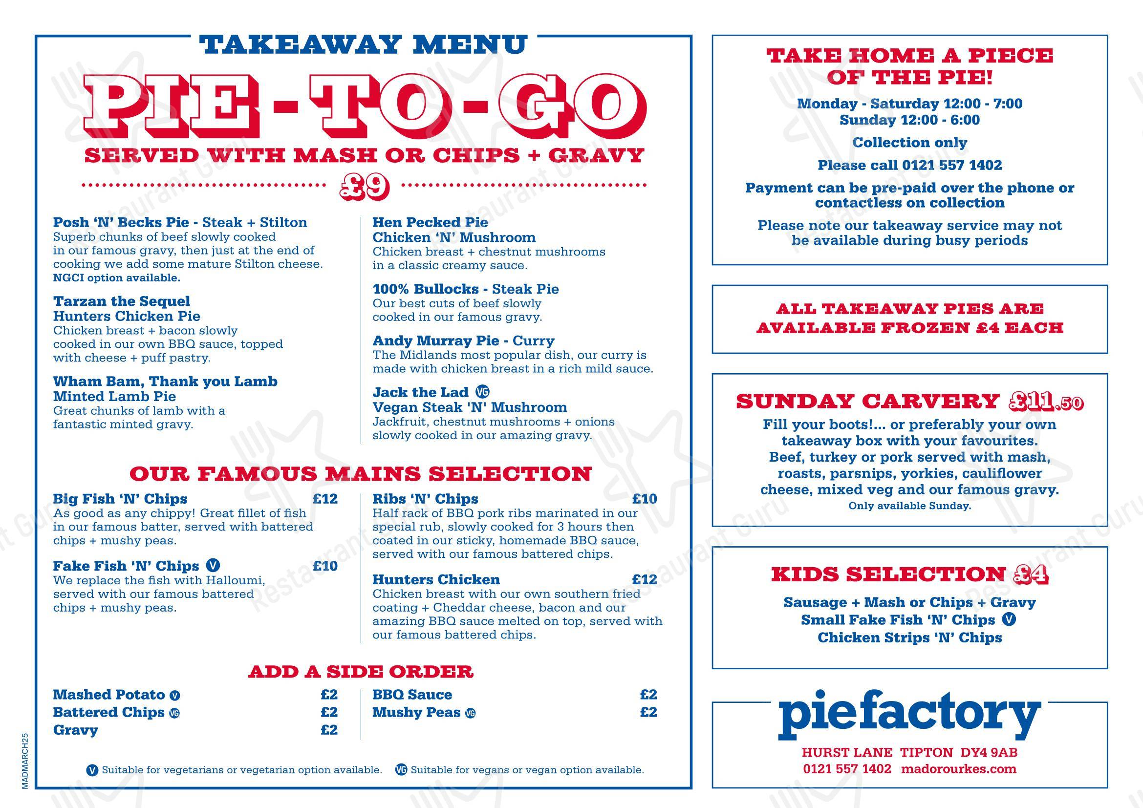 Menu at Mad O'Rourke's Pie Factory pub & bar, Tipton