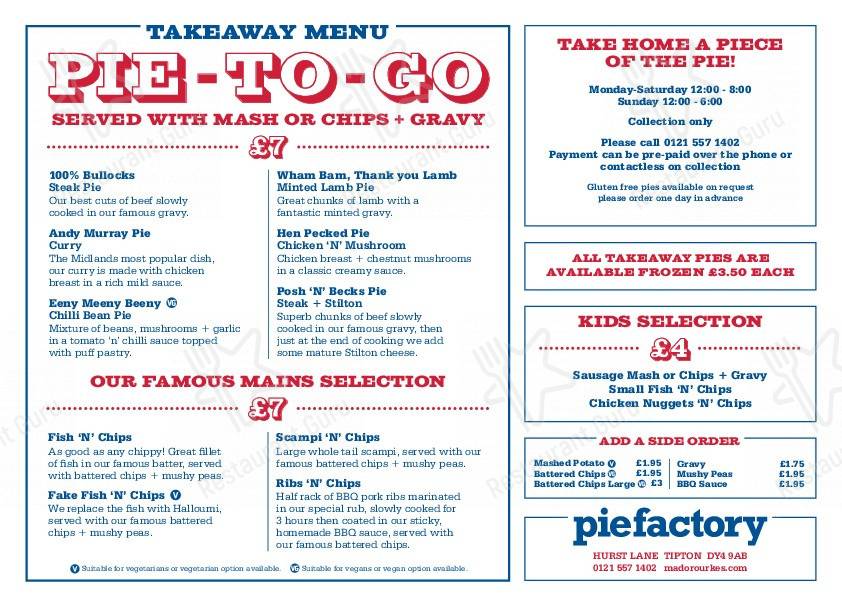 Menu at Mad O'Rourke's Pie Factory pub & bar, Tipton