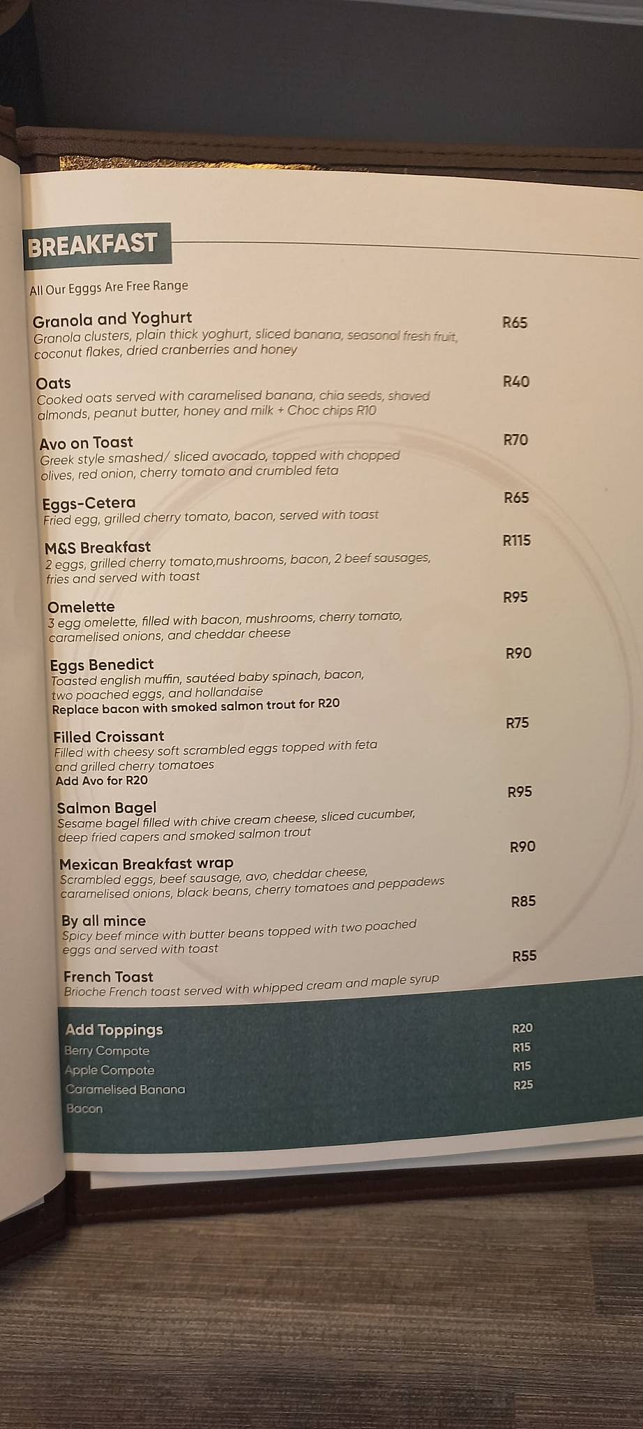 Menu at Madam & Sir Florida Road restaurant, Durban