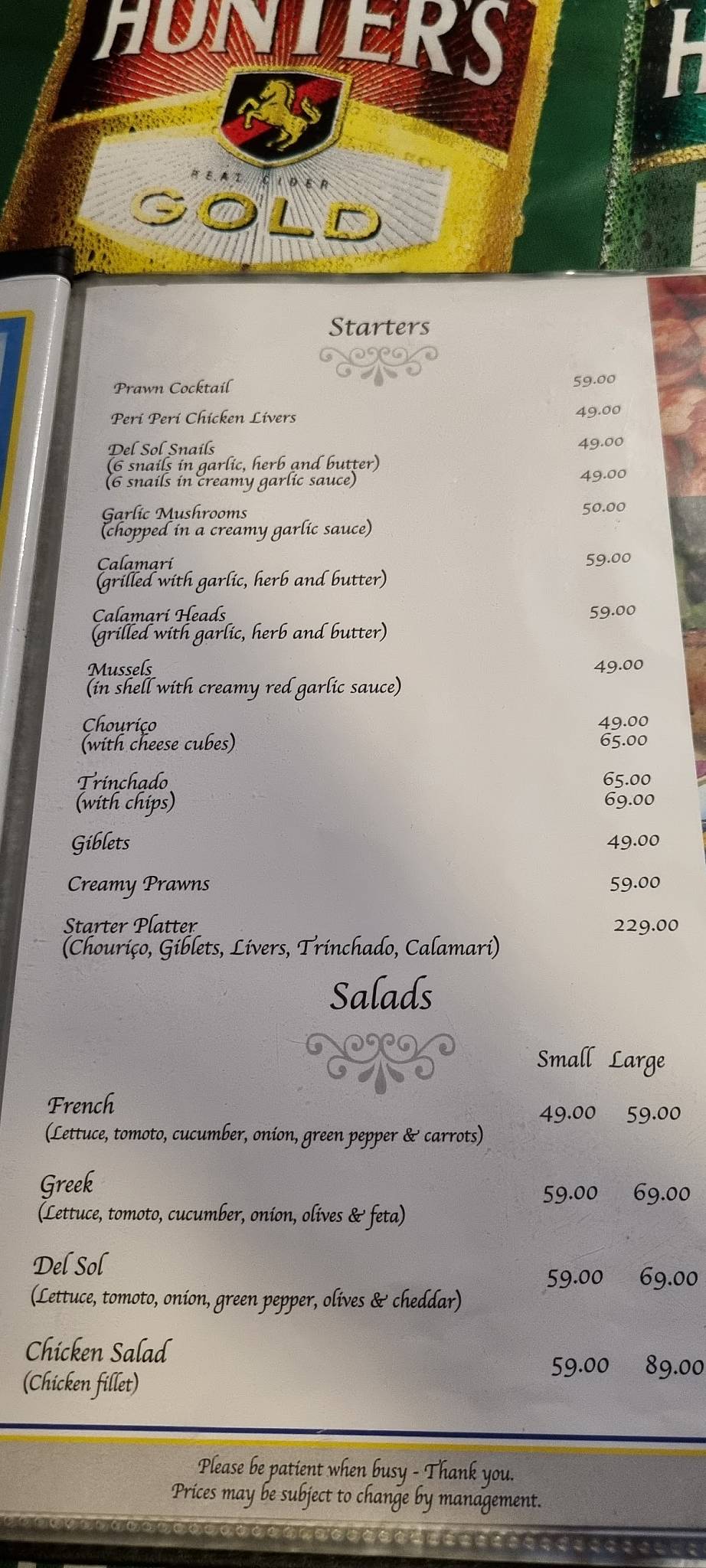 Menu at Madeira Bar, Johannesburg, 1b Short St