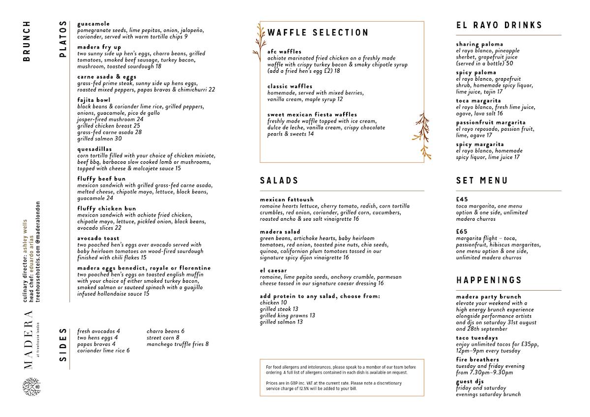 Menu at Madera at Treehouse London restaurant, London