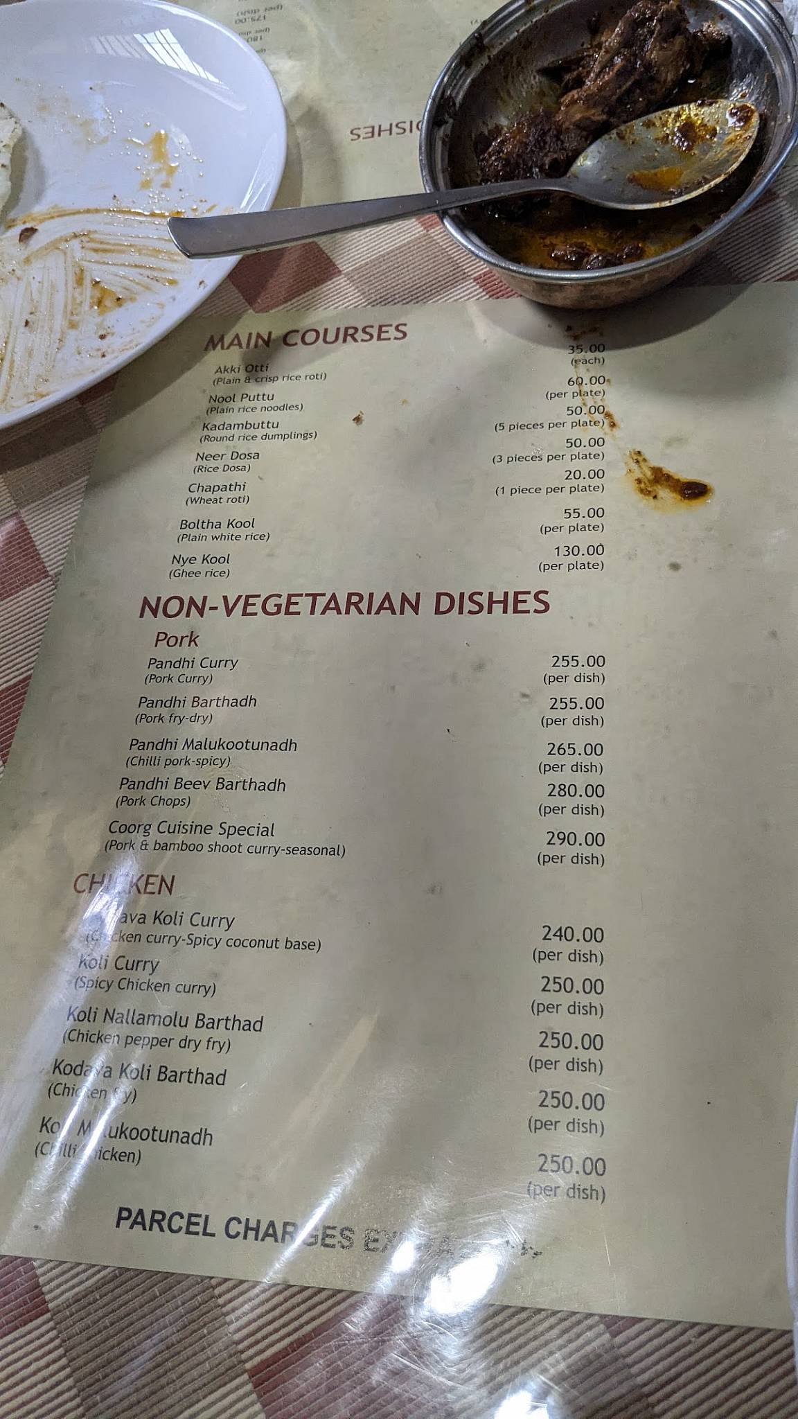 Menu at Coorg Cuisine, Madikeri