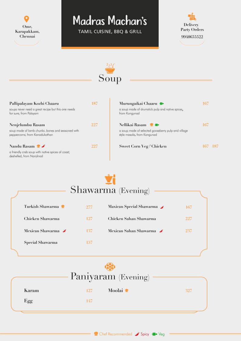 Menu at Madras Machan's, Chennai