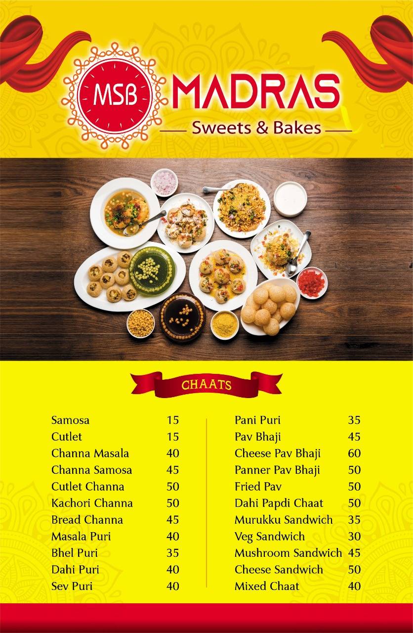 Menu at Madras sweets and Bakes, Chennai