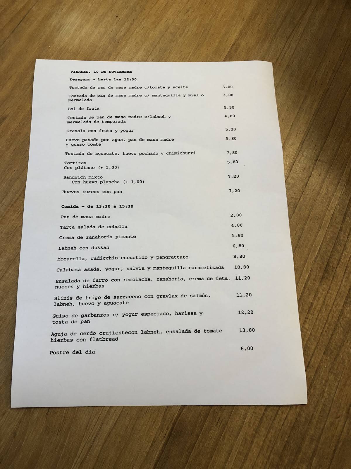 Carta de cafetería Hermanas Arce, Madrid