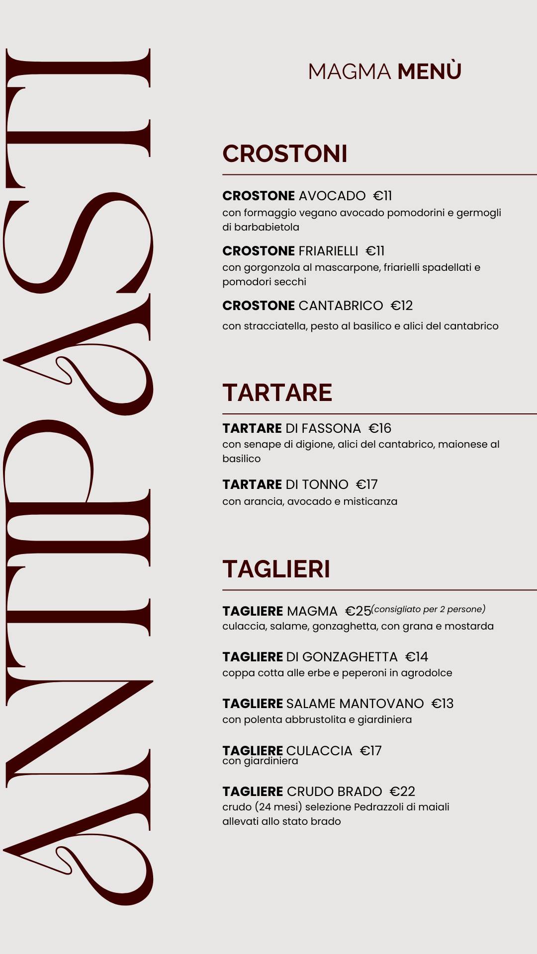 Menu at Magma restaurant, San Benedetto Po