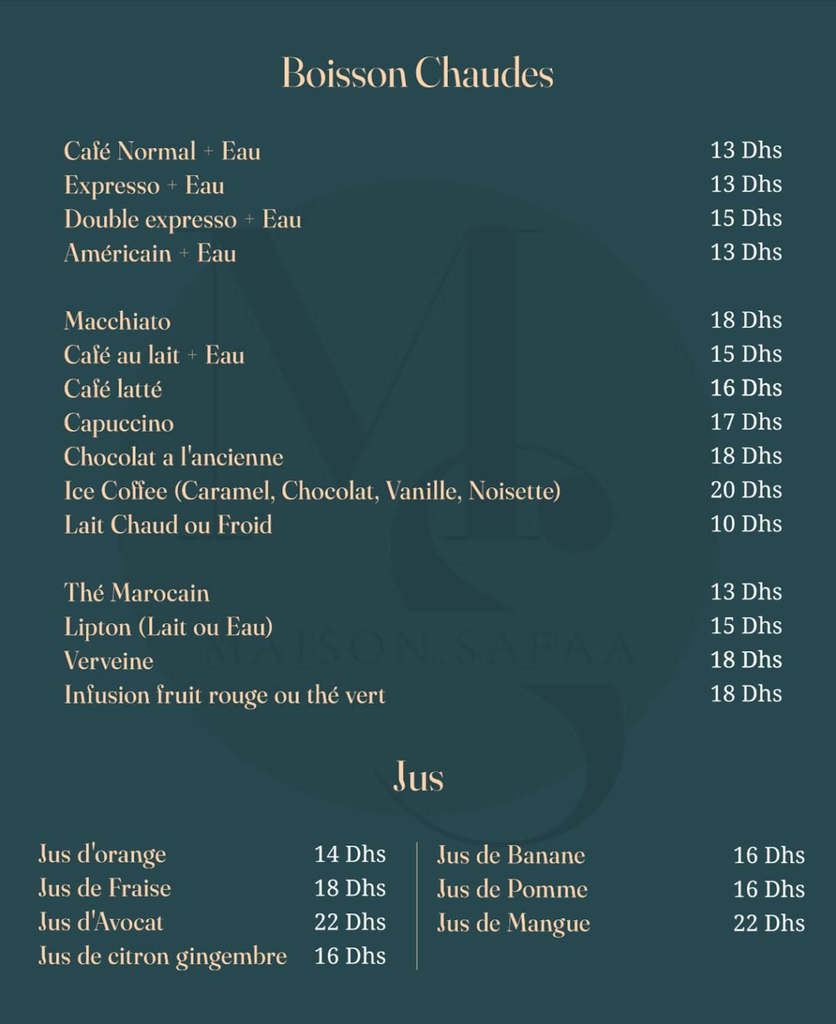 Menu au Maison Safaa - Café & Réstaurant, Temara
