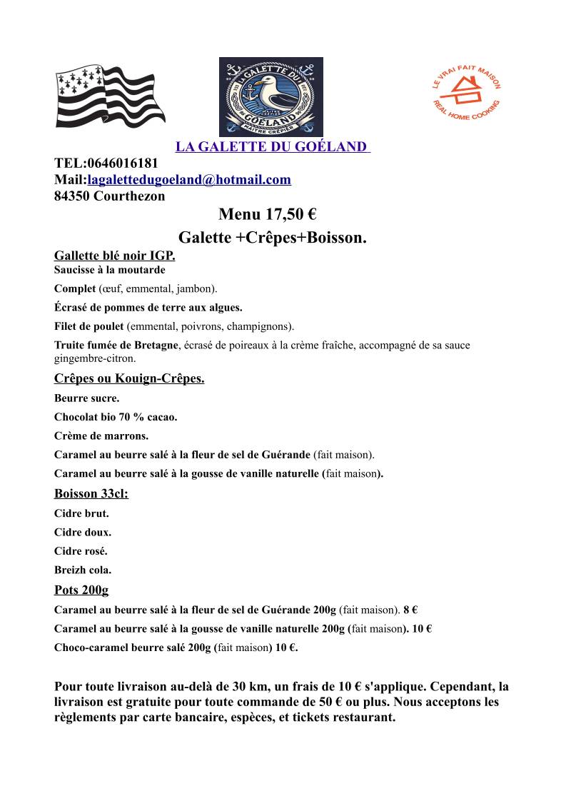 Menu au Maître crêpier La galette du goéland, Courthézon