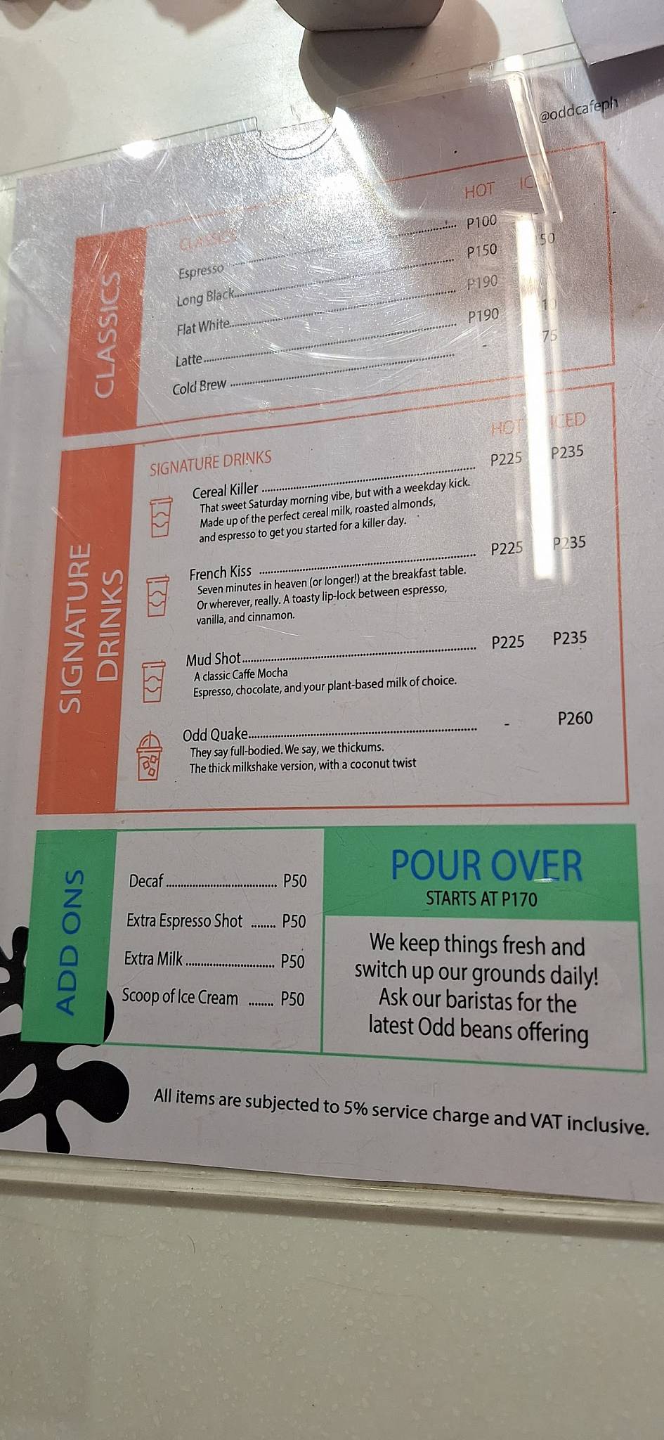 Menu at Odd Cafe, Makati