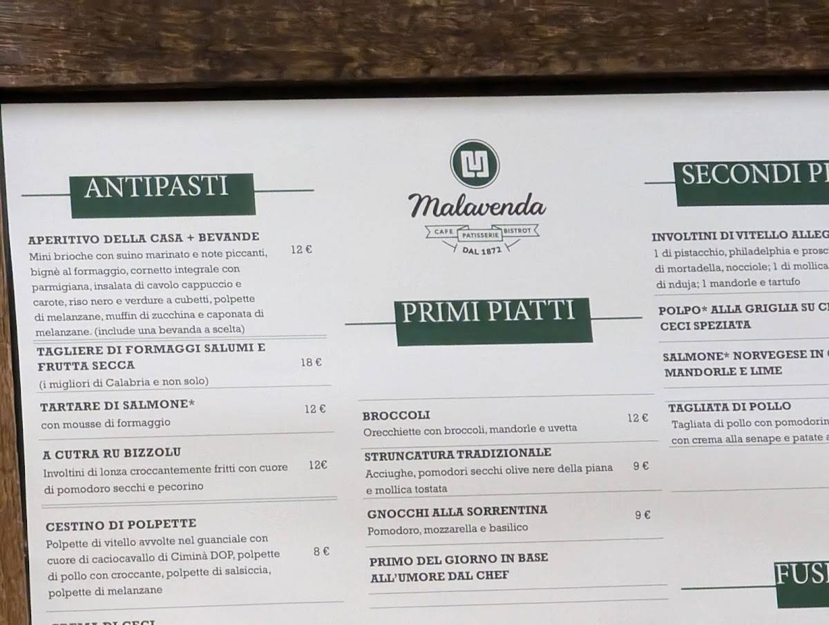 Menu at Malavenda Café cafeteria, Reggio Calabria