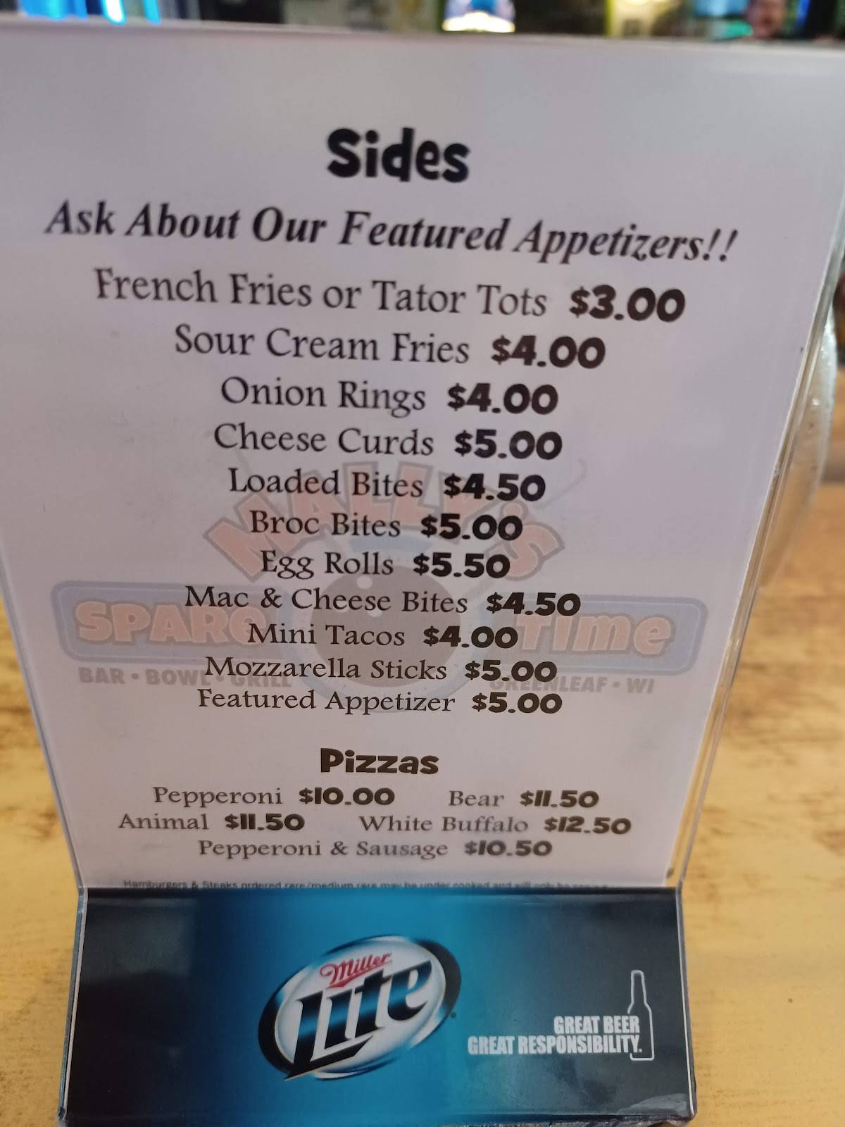 Menu at Mally's Spare Time pub & bar, Greenleaf