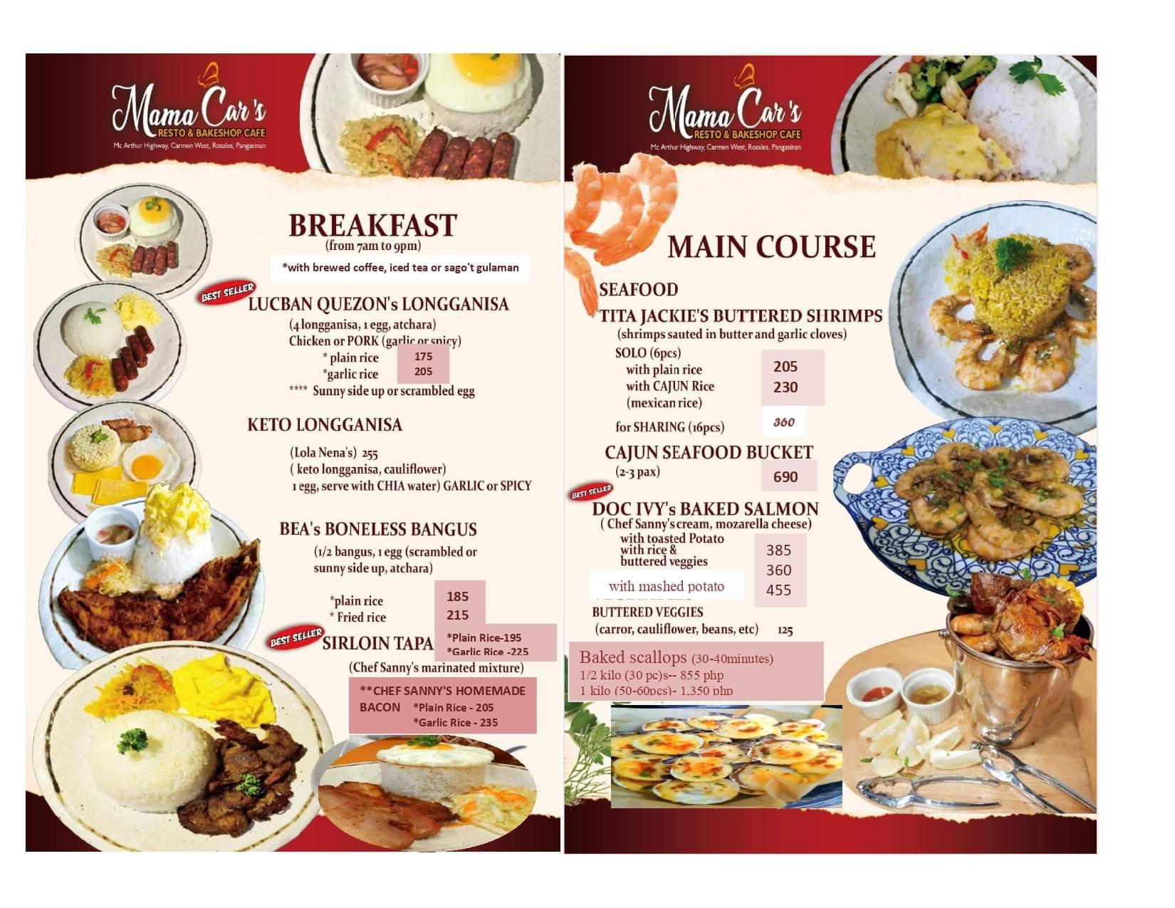 Menu at Mama Car's Resto & Bakeshop Cafe, Rosales