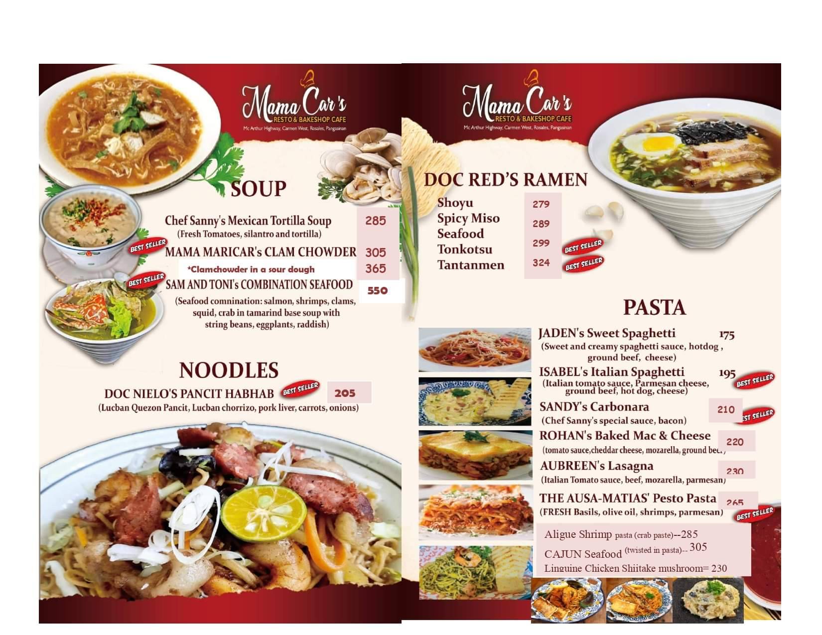 Menu at Mama Car's Resto & Bakeshop Cafe, Rosales