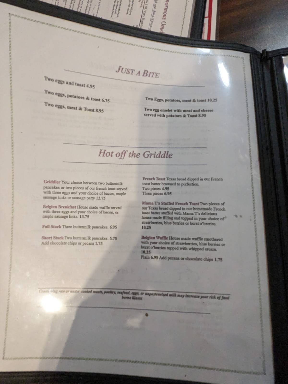 Menu at Mama T's Diner restaurant, La Porte