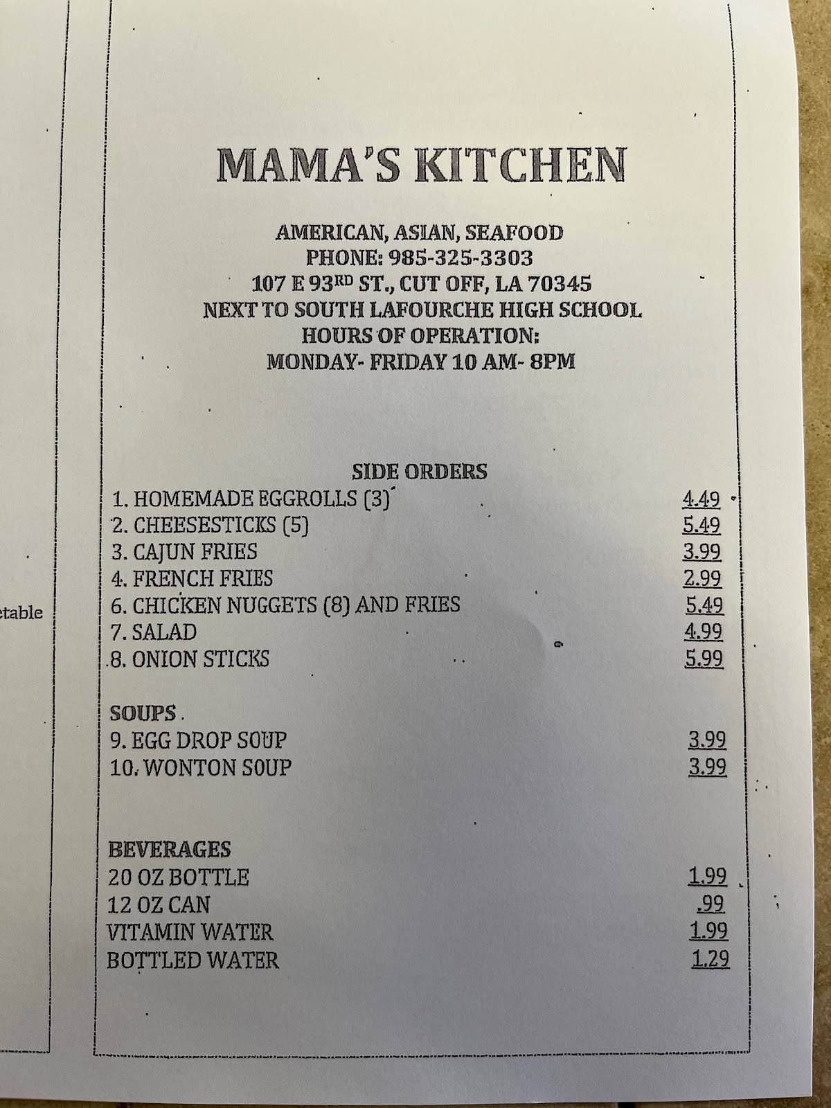 Menu at Mama's Kitchen restaurant, Cut Off