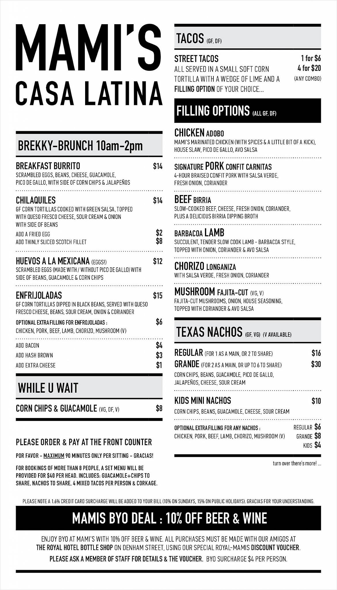 Menu at Mamis Bondi restaurant, Bondi