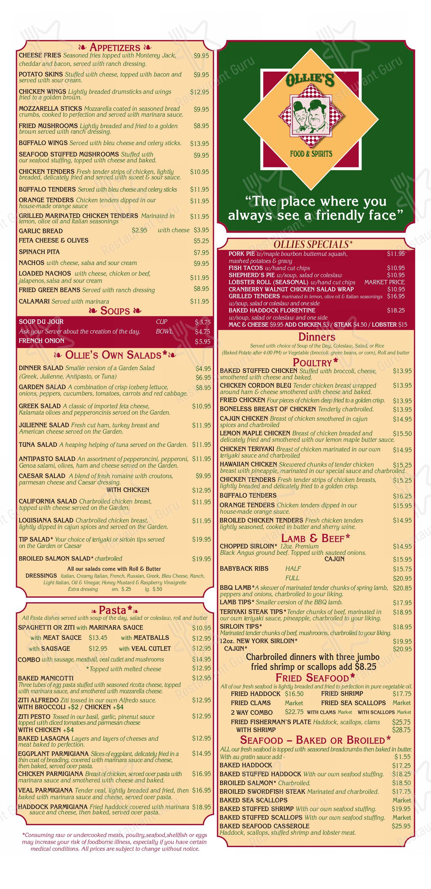 Menu at Ollie's Restaurant, Manchester, 761 Mast Rd