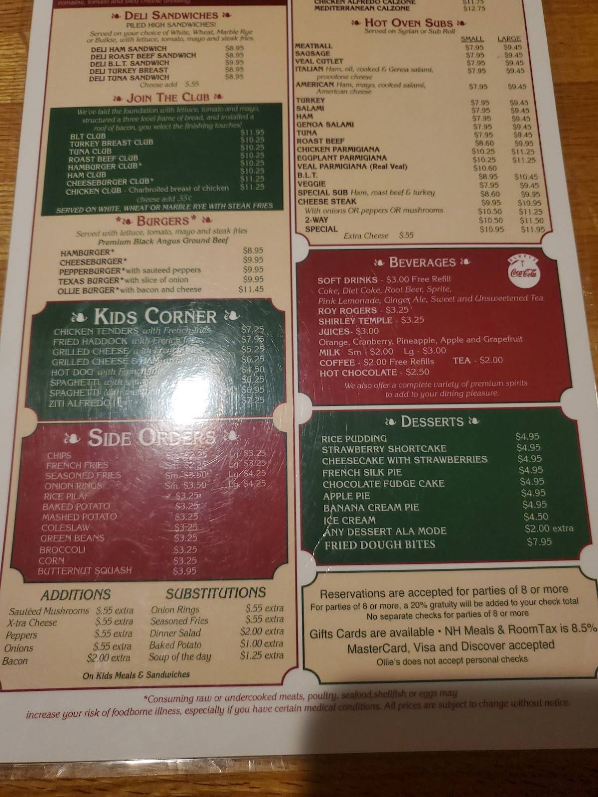 Menu at Ollie's Restaurant, Manchester, 761 Mast Rd