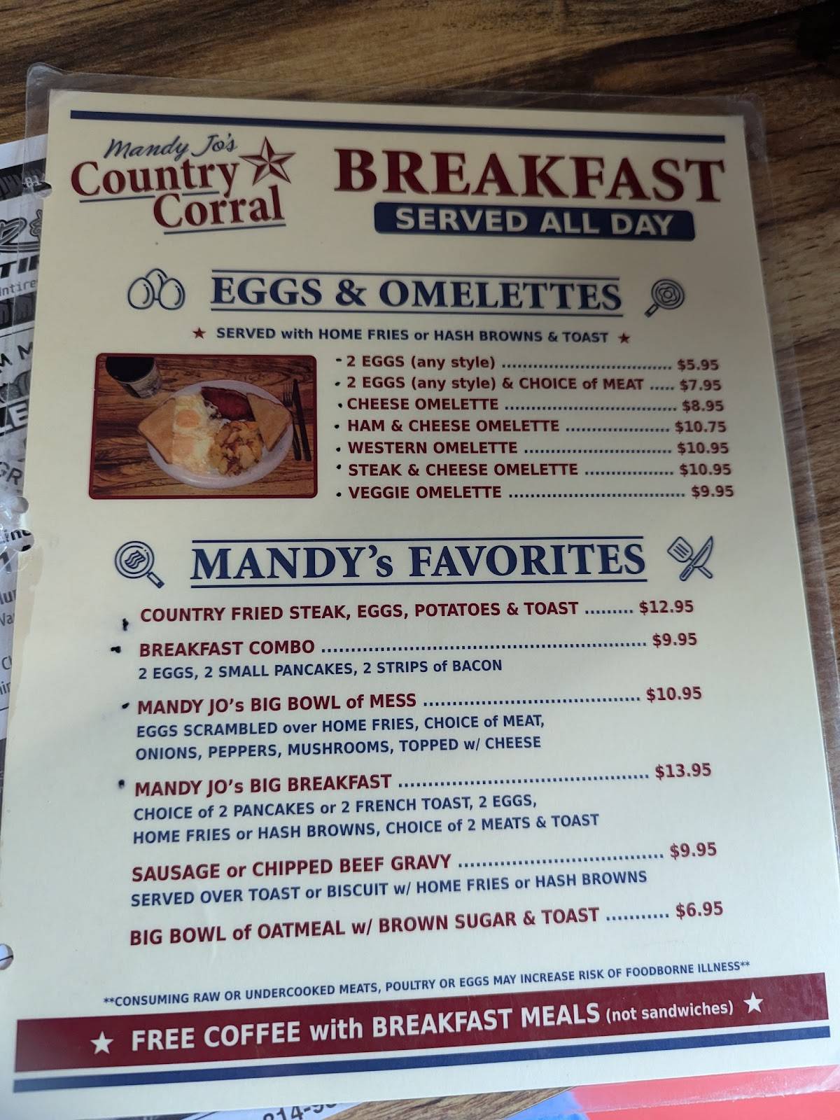 Menu at Mandy Jo's Country Corral restaurant, Everett