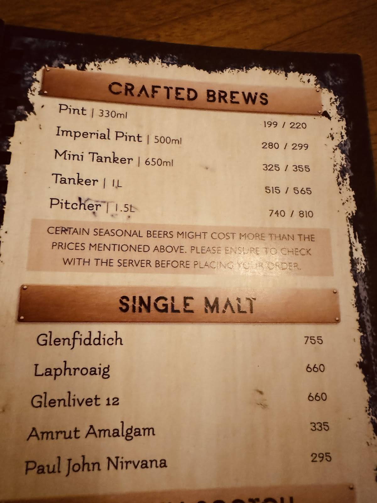 Menu at Spindrift, Mangaluru