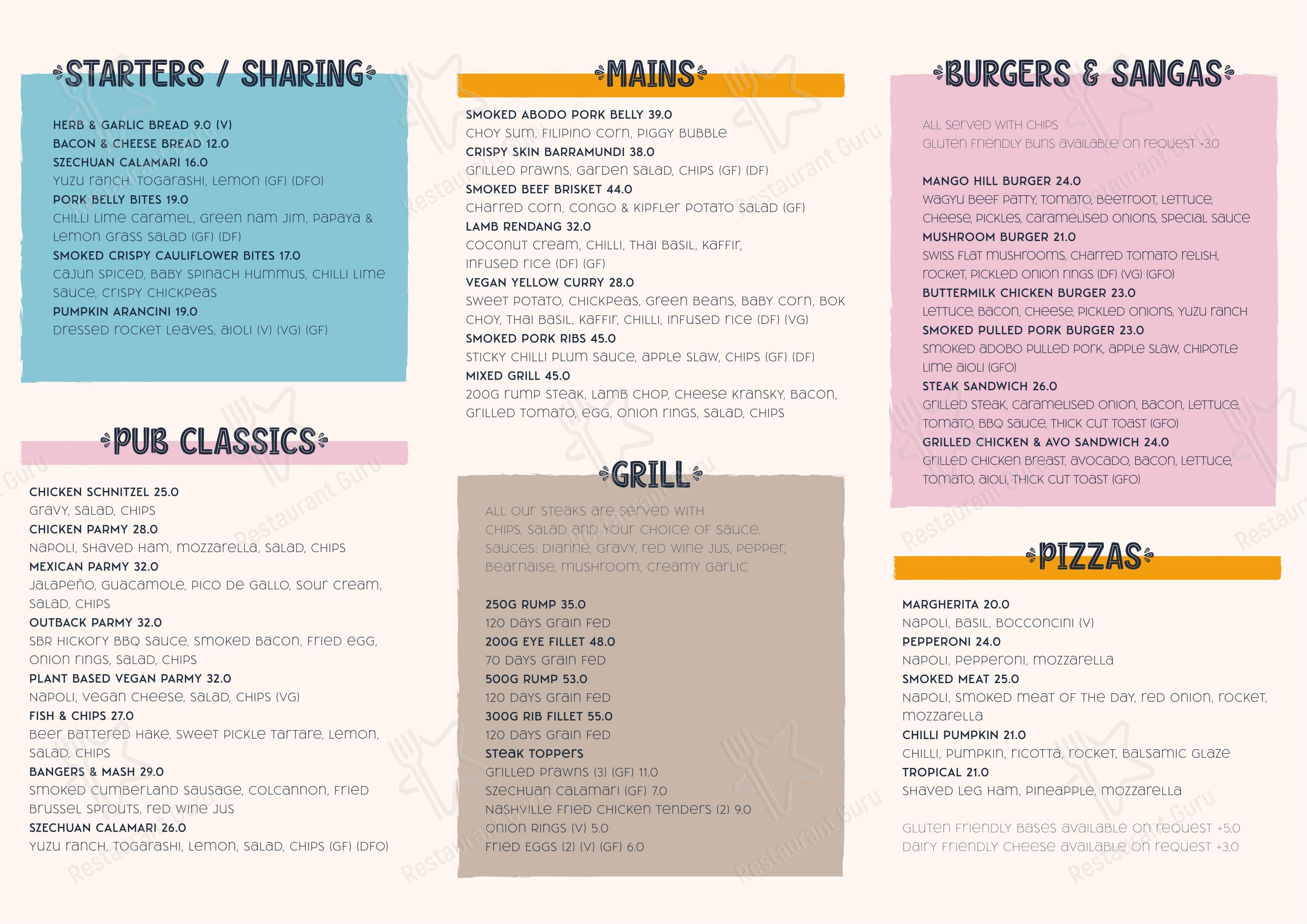 Menu at Mango Hill Tavern restaurant, Mango Hill
