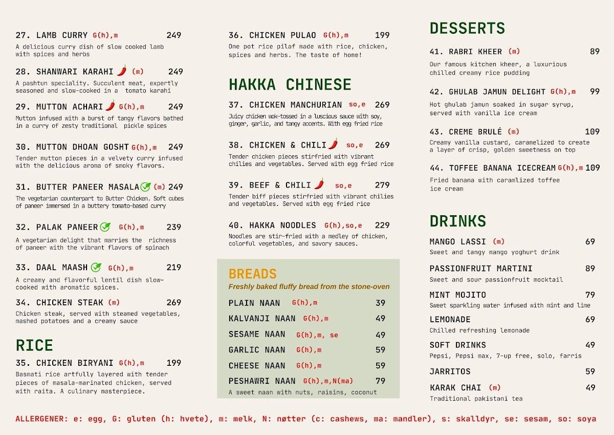Menu at Mango Tree restaurant, Oslo