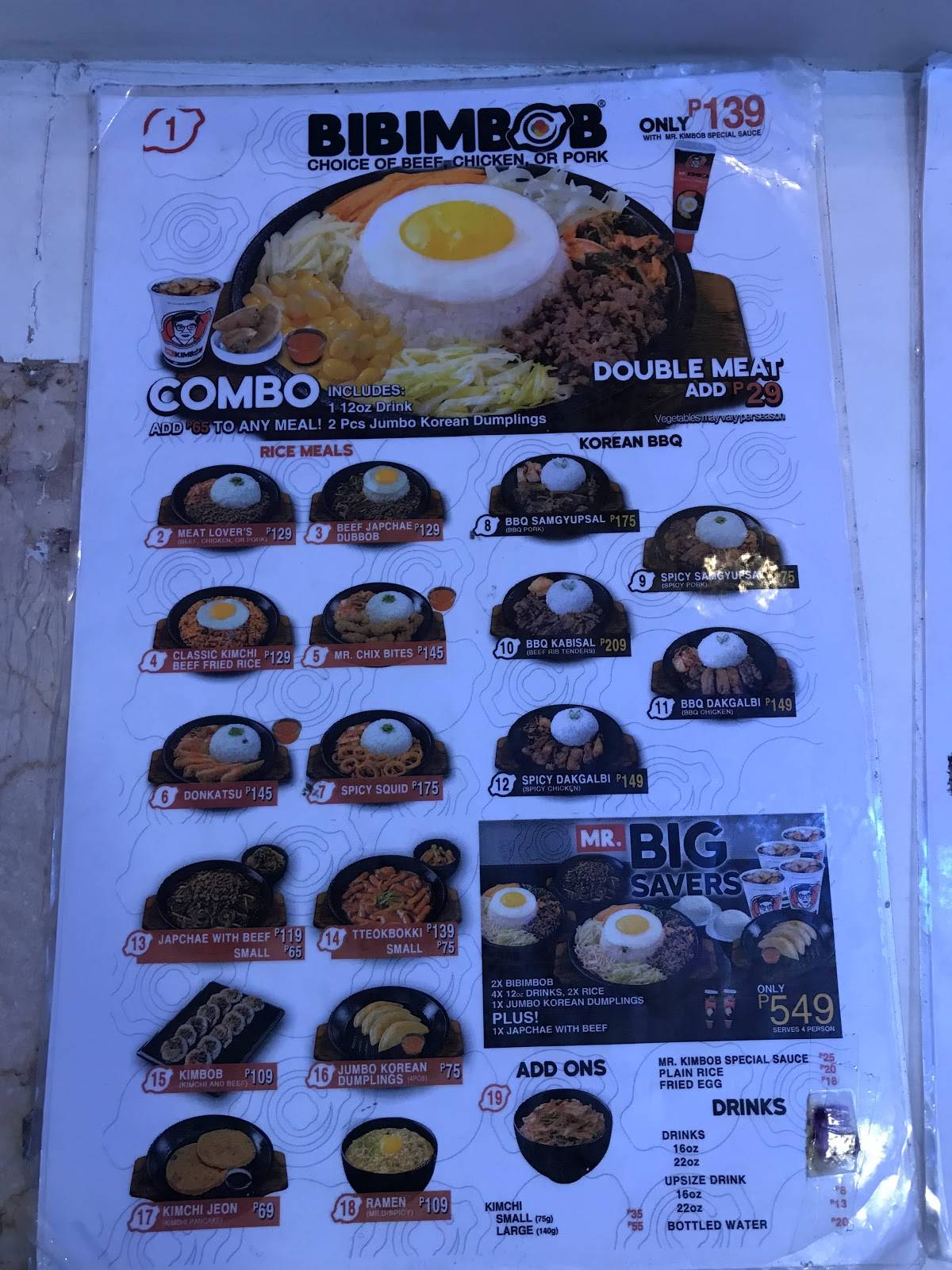 Menu at Mr. Kimbob restaurant, Manila, HXGM+CJF