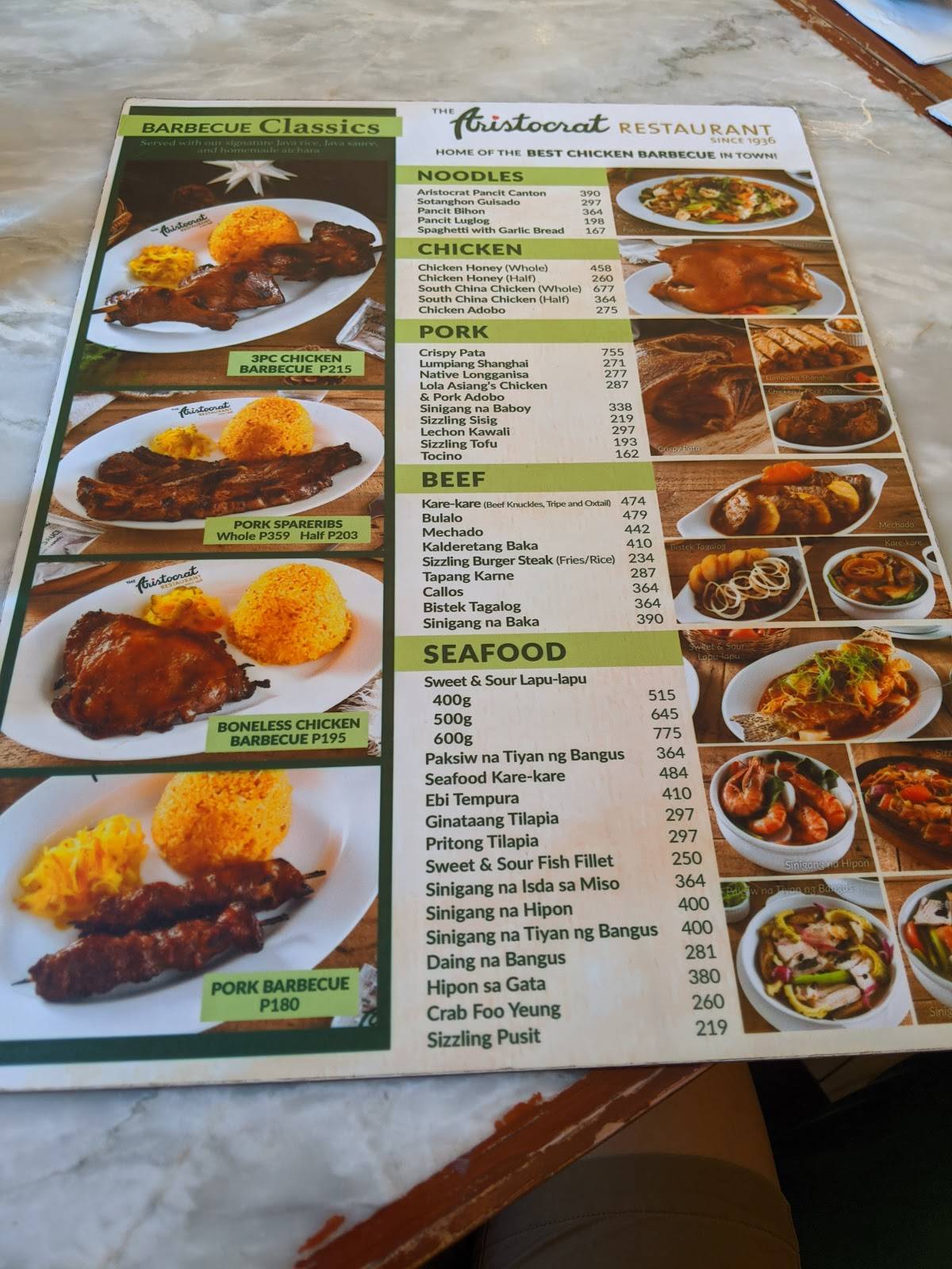 Menu at The Aristocrat Restaurant, Manila, 1004 San Andres St