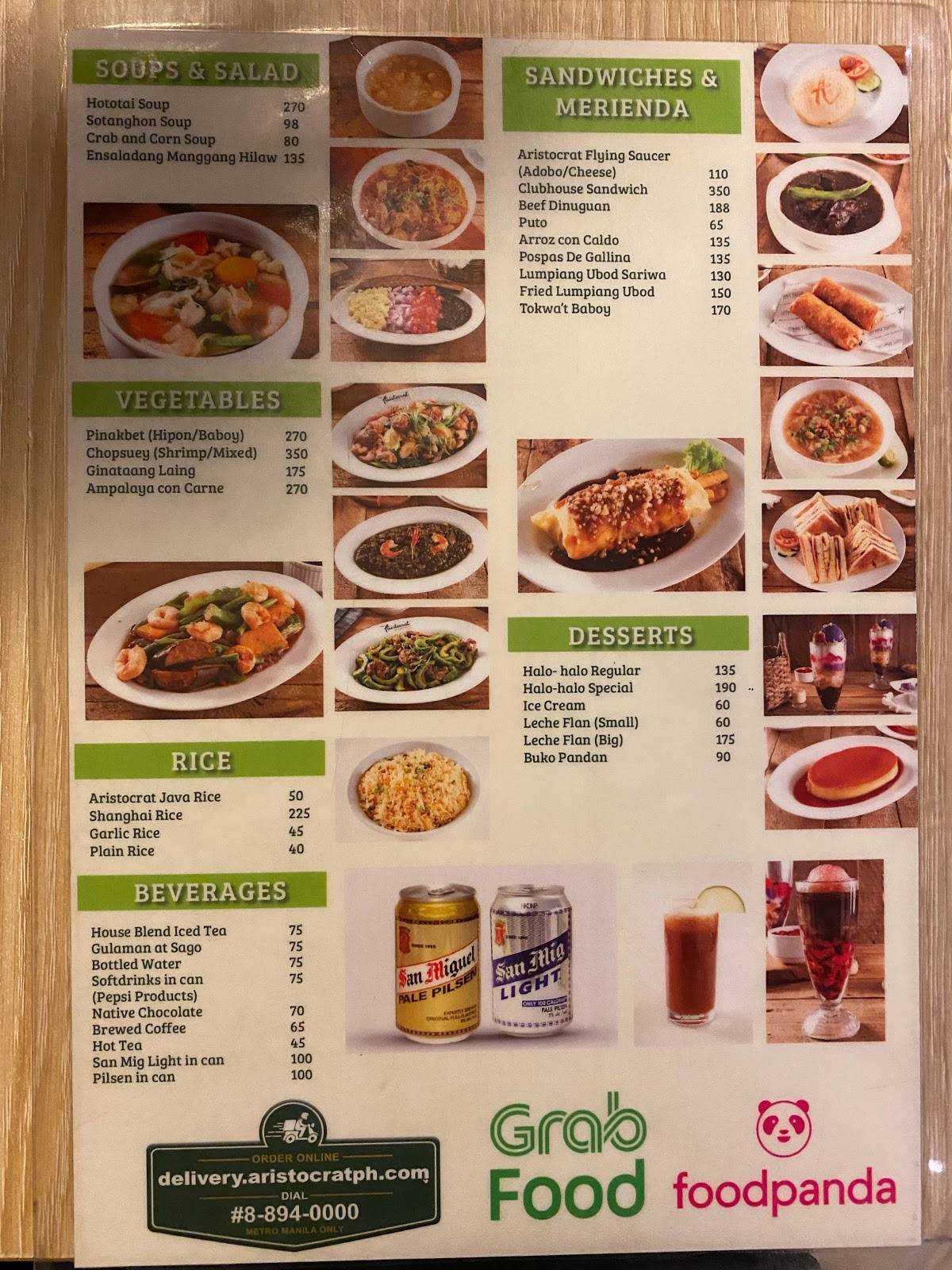 Menu at The Aristocrat Restaurant, Manila, 1004 San Andres St