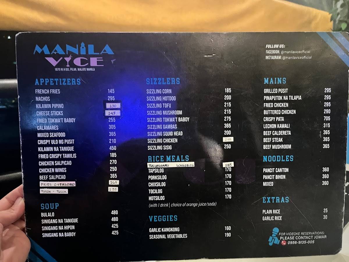 Menu at Manila Vice restaurant, Manila, Across