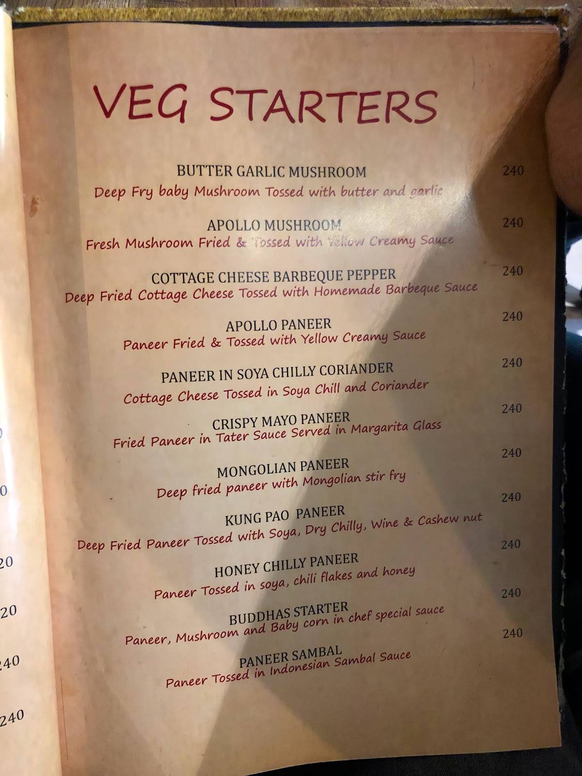 Menu at The Laughing Buddha, Manipal