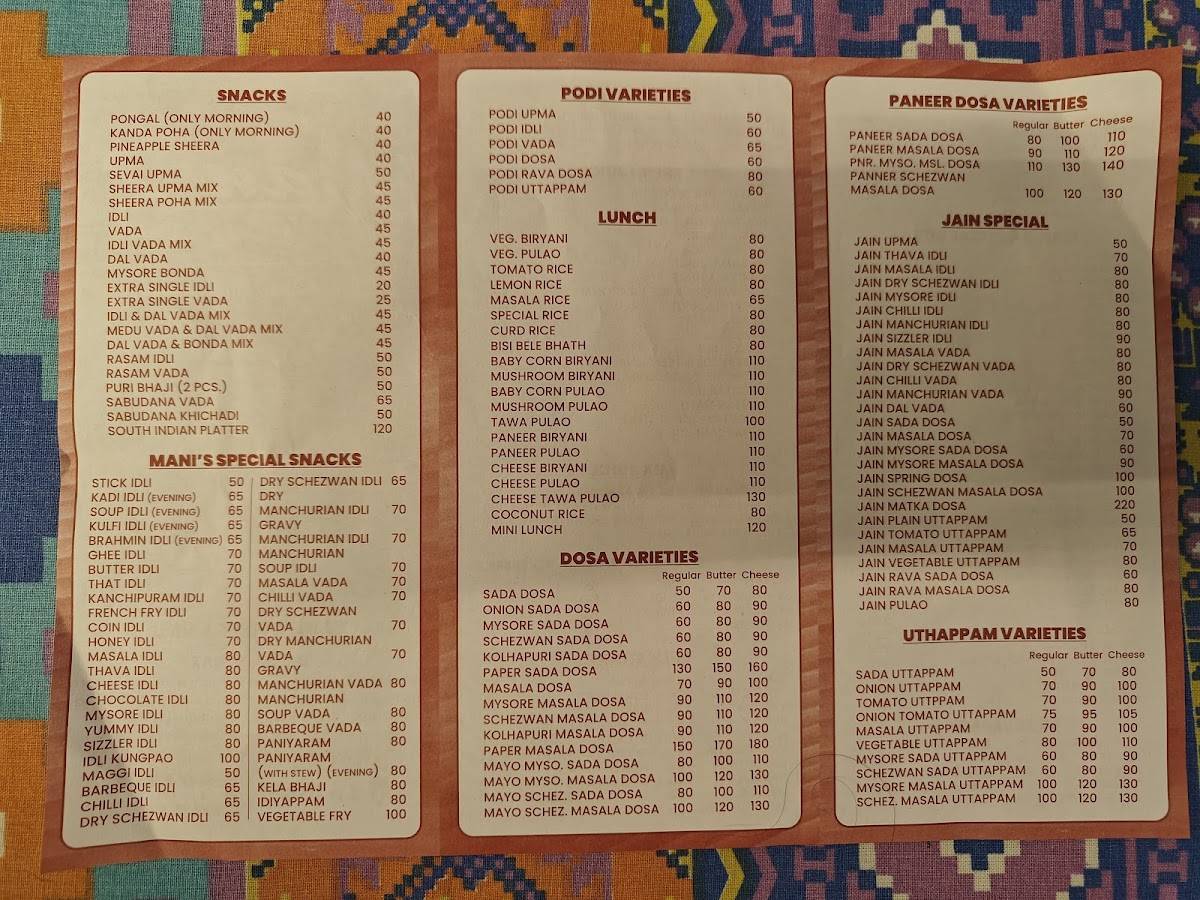 Menu at Mani's cafe, Mumbai, Odeon Apartments